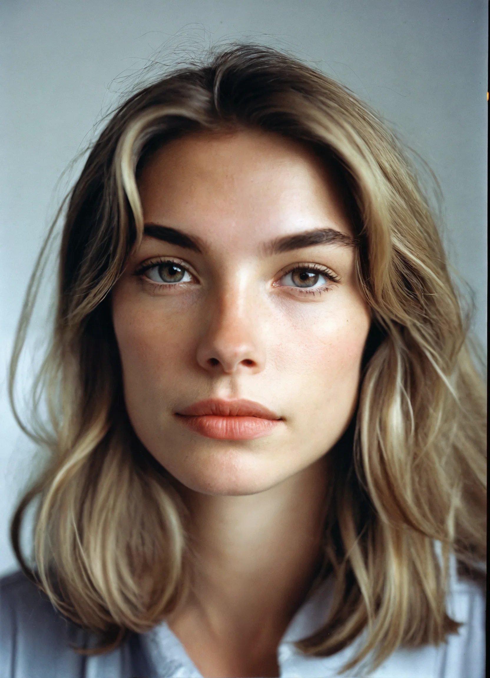 Lexica - Dark blonde female face seeable brows hazel eyes small lips ...