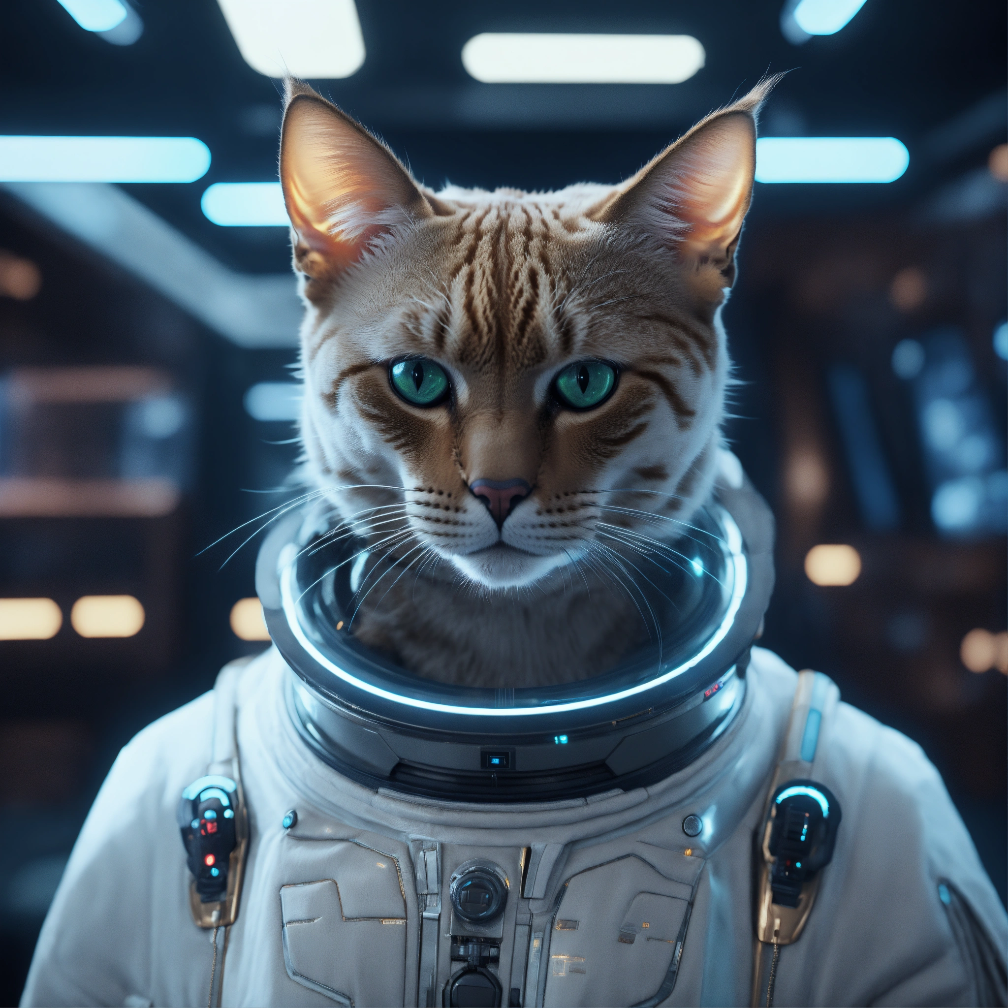 Lexica - Zoom out from a sophisticated cat faced humanoid wearing space ...