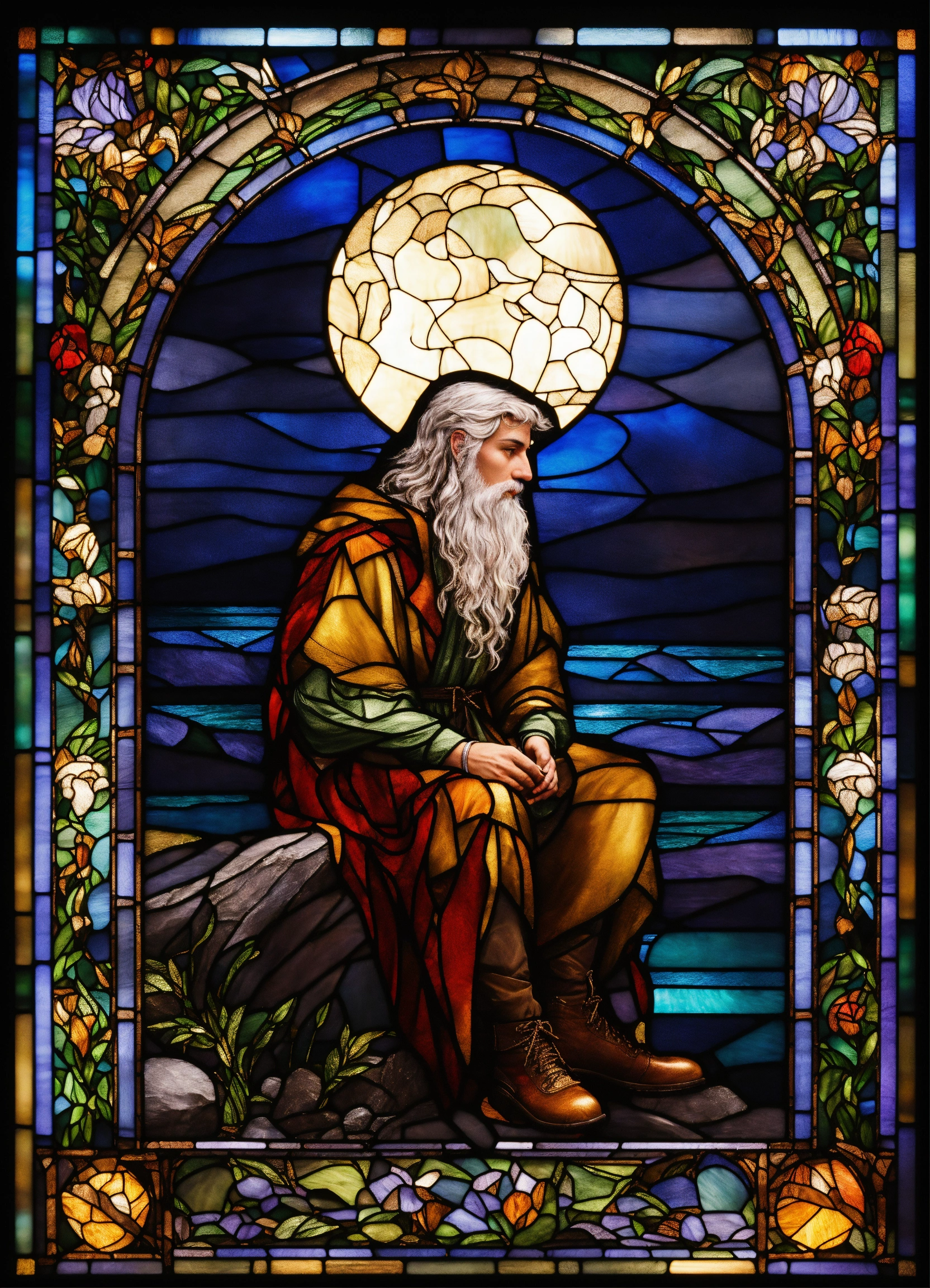 Lexica - Stained glass window of Merlin in the moonlight, sitting on a ...