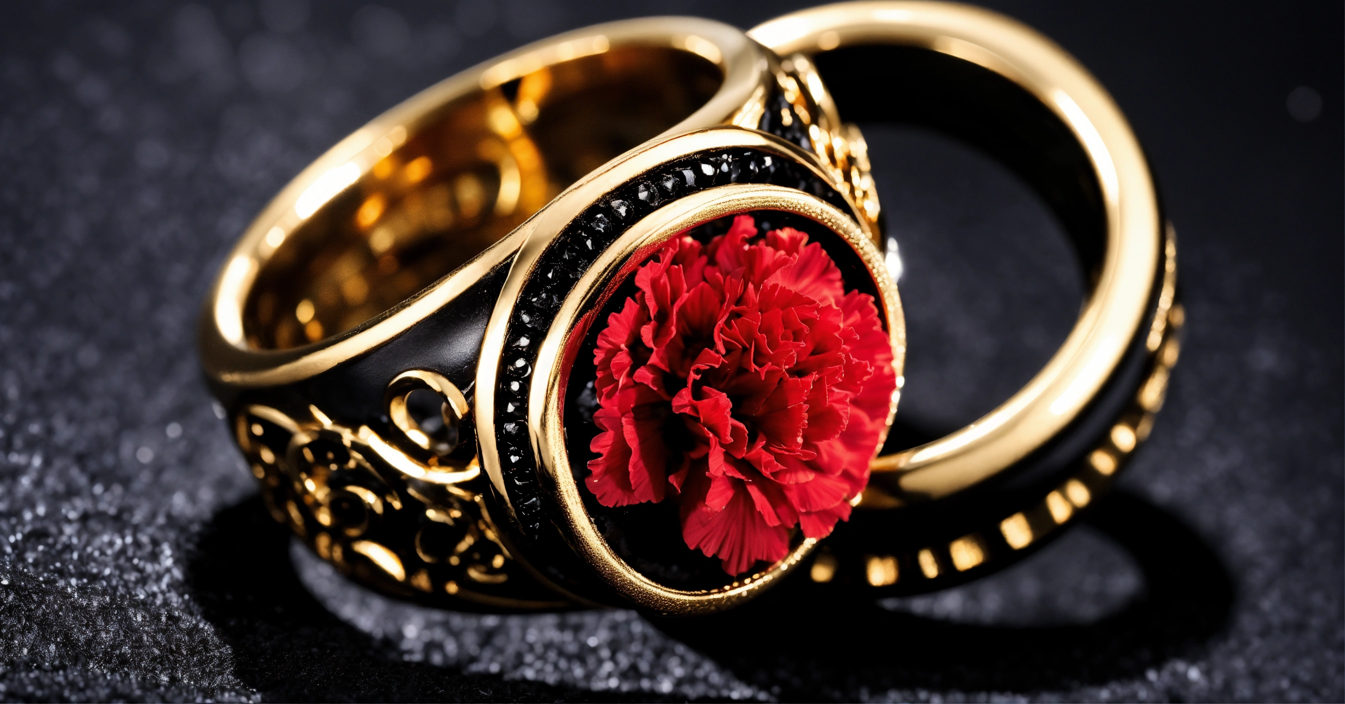 Lexica - Black flowers dried, black background, red carnations, two golden rings men style rings ...