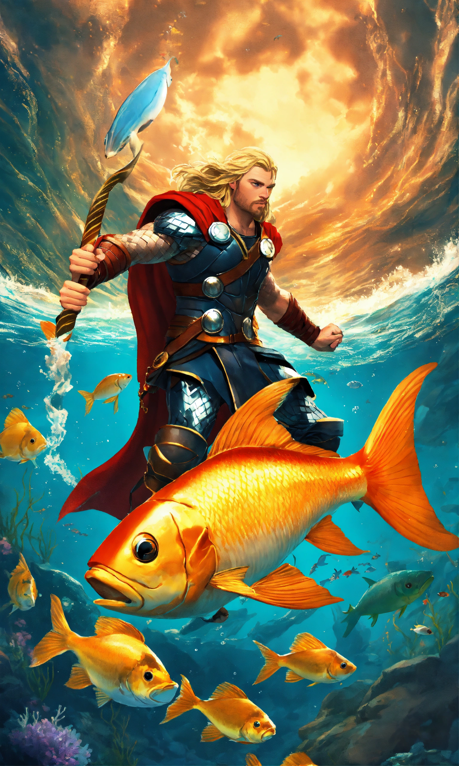 Lexica - Thor with fish underwater in the ocean, nature background, 2D ...