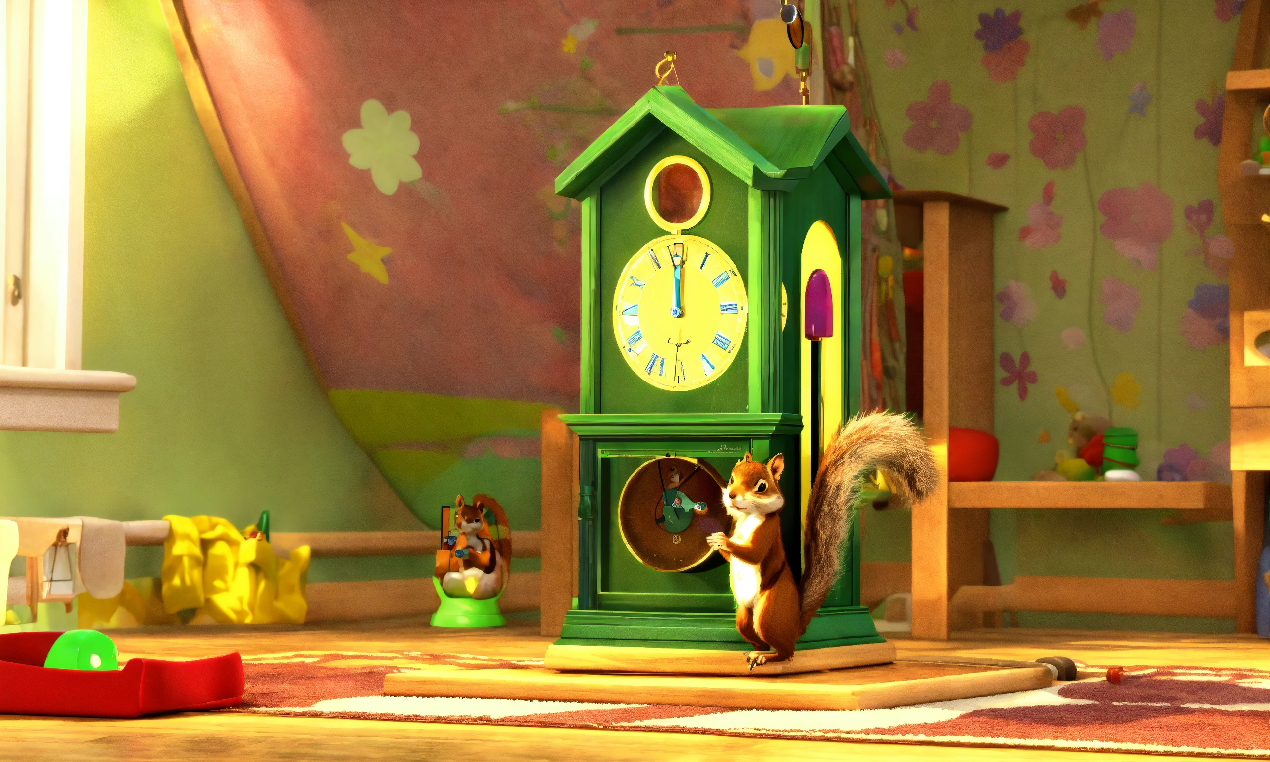 Lexica - A cute squirrel went up the pendulum clock in the babies room . cartoon flm. 3d animation.