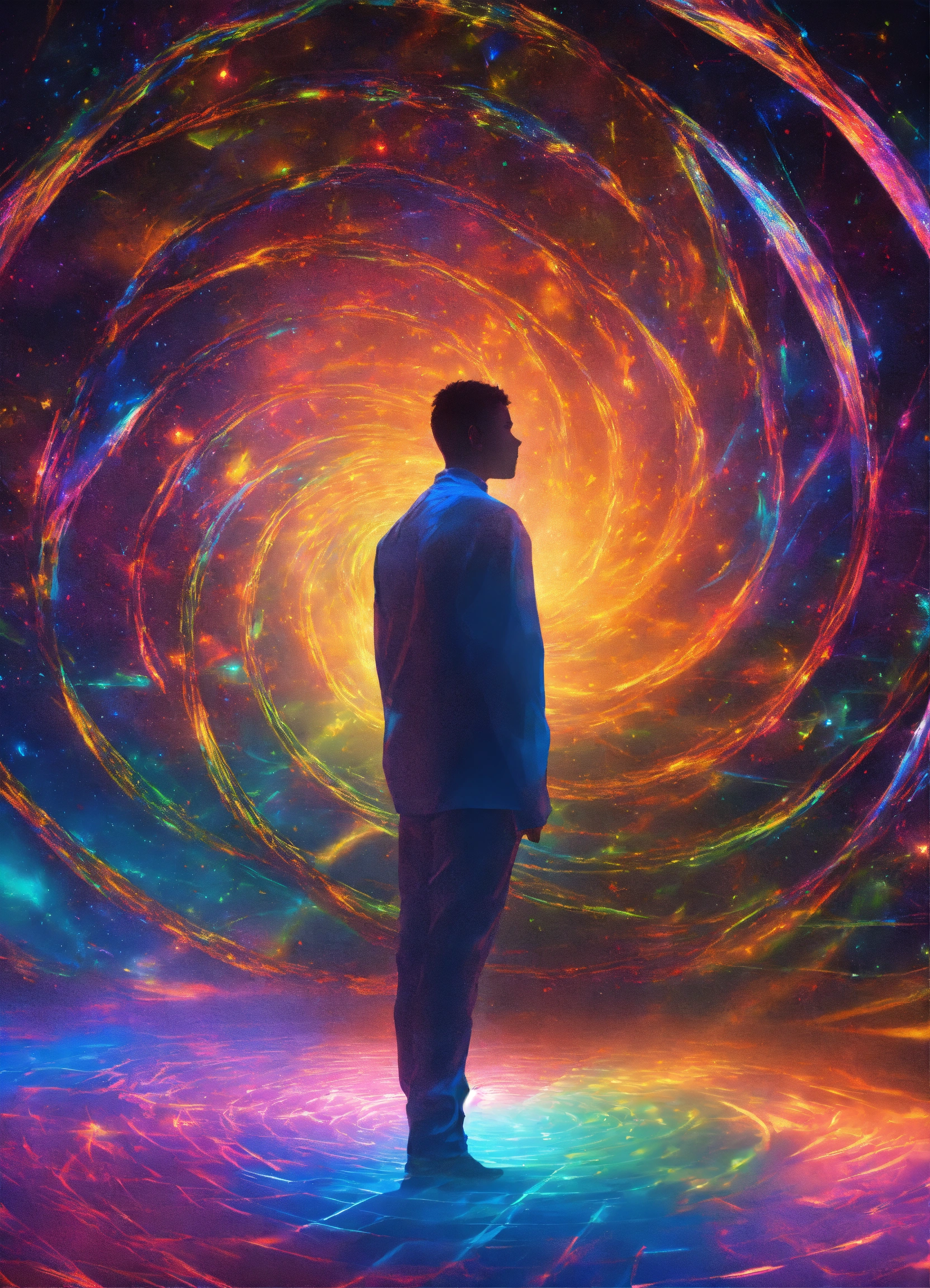 Lexica - Multicolor holographic human shadow in the middle of spiral cosmos