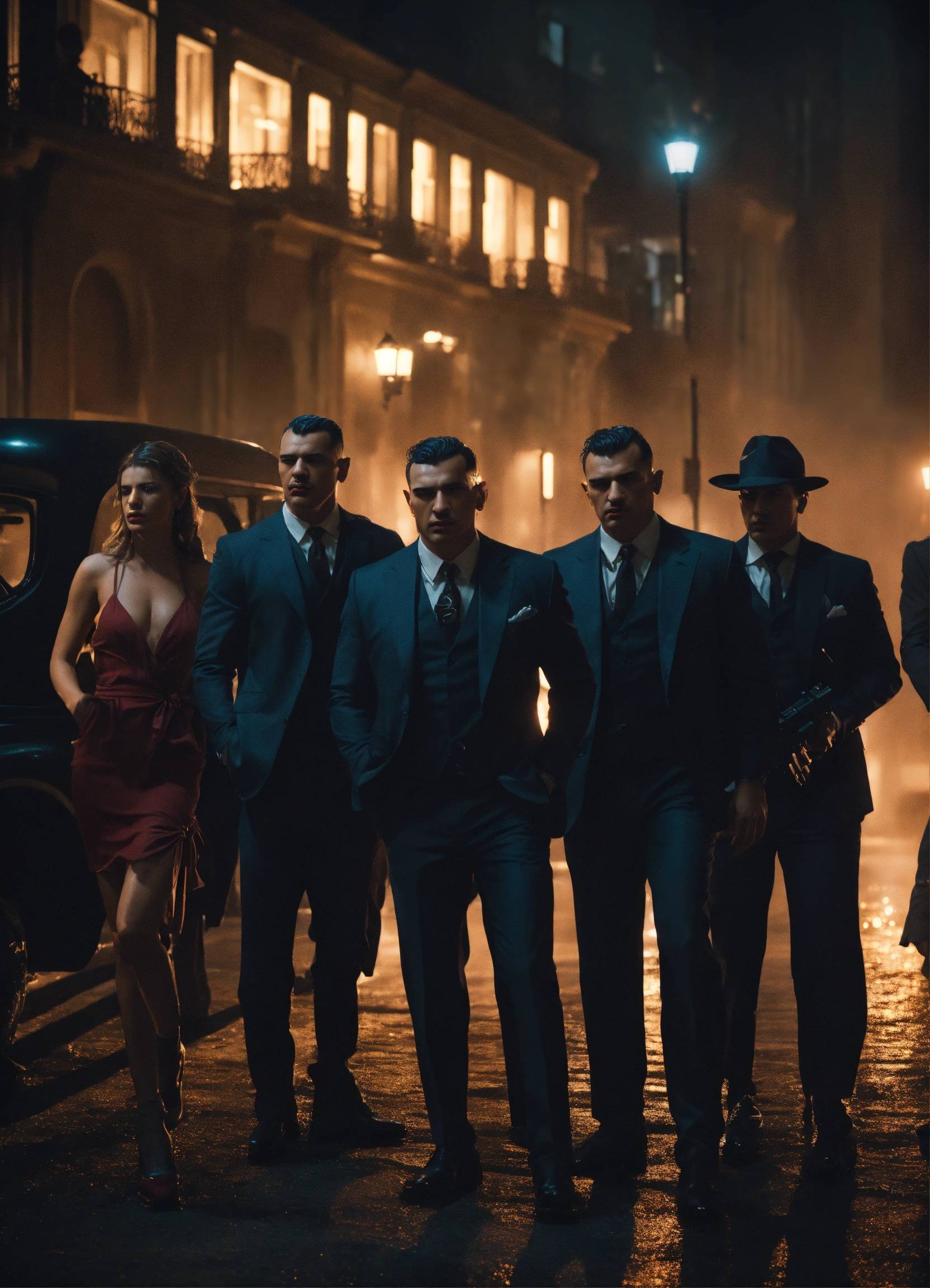 Lexica - Group of mafia male with riffles surrounded by girls, night ...