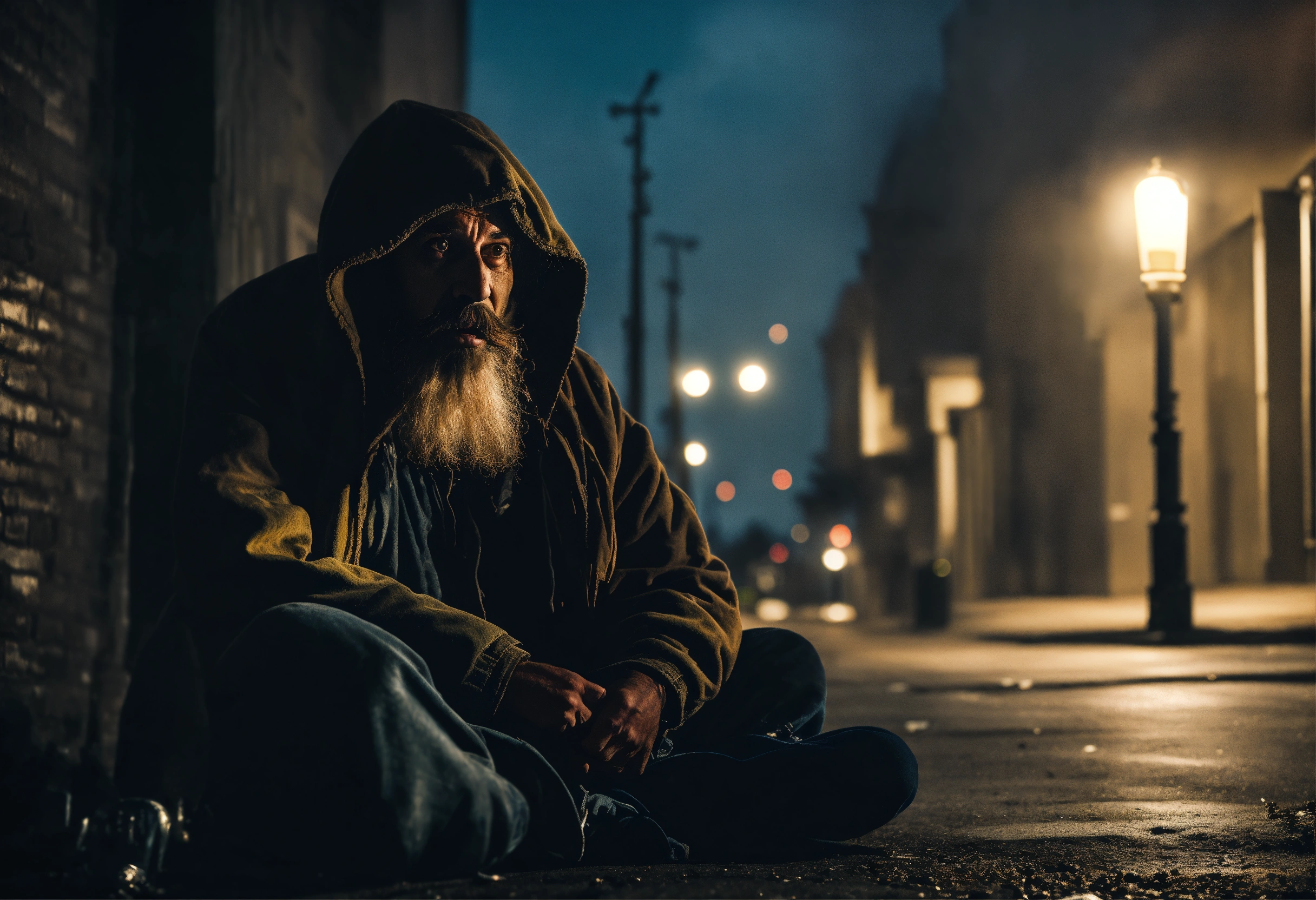 Lexica - An afraid homeless person, sitting down under a street light ...