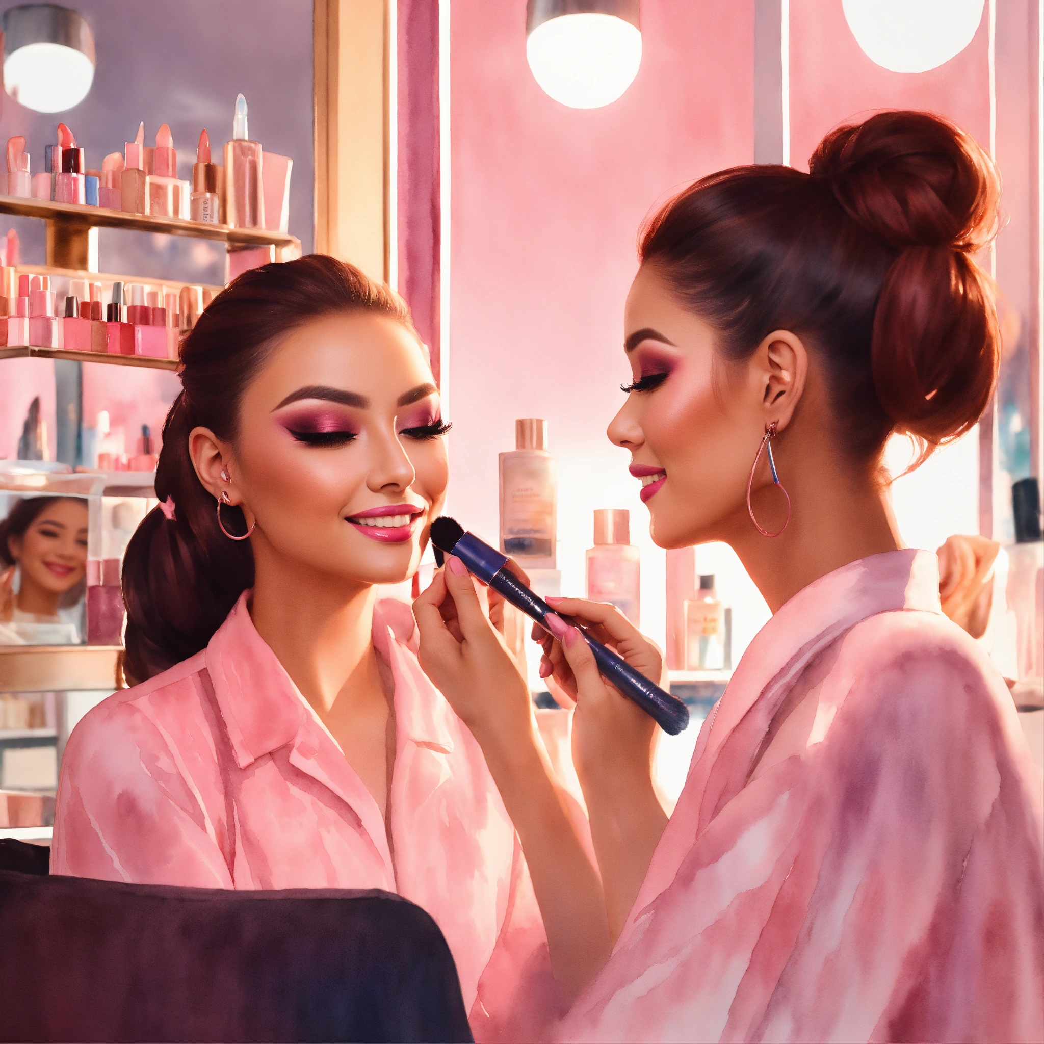 Lexica - A beautiful makeup artist puts on makeup a beautiful client ...