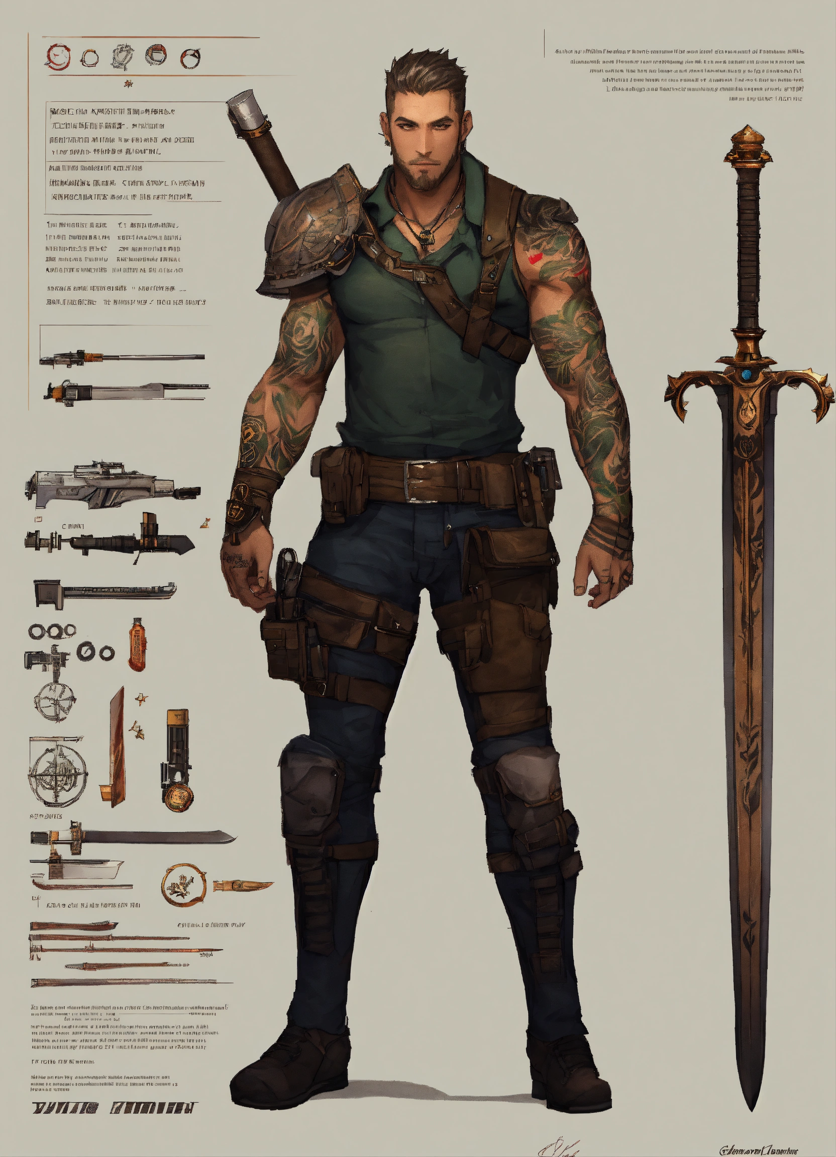 Lexica - Weapons tattoo design full body, character sheet