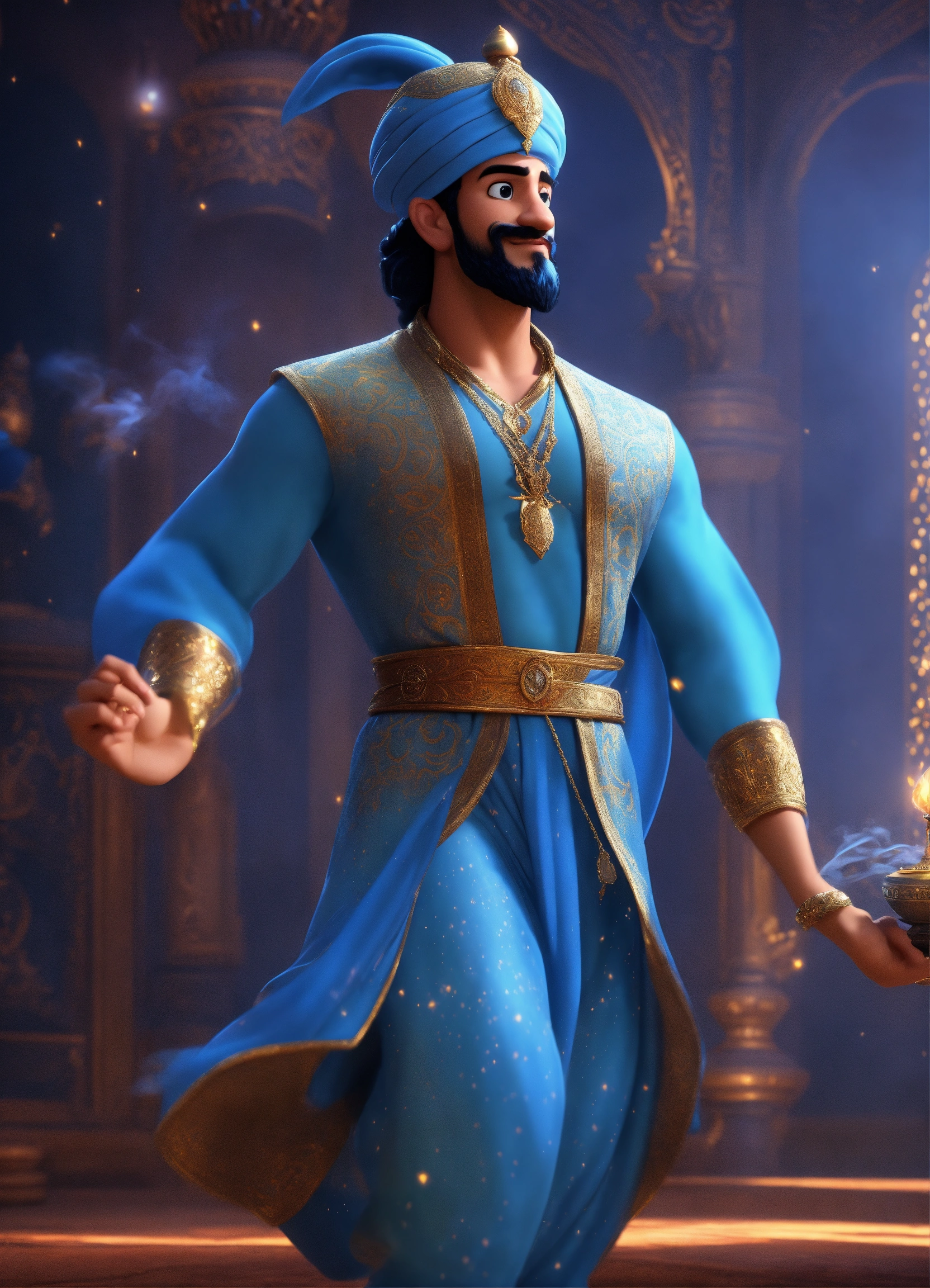 Lexica - Create a 3D rendering of a magical blue Arabian male genie ...