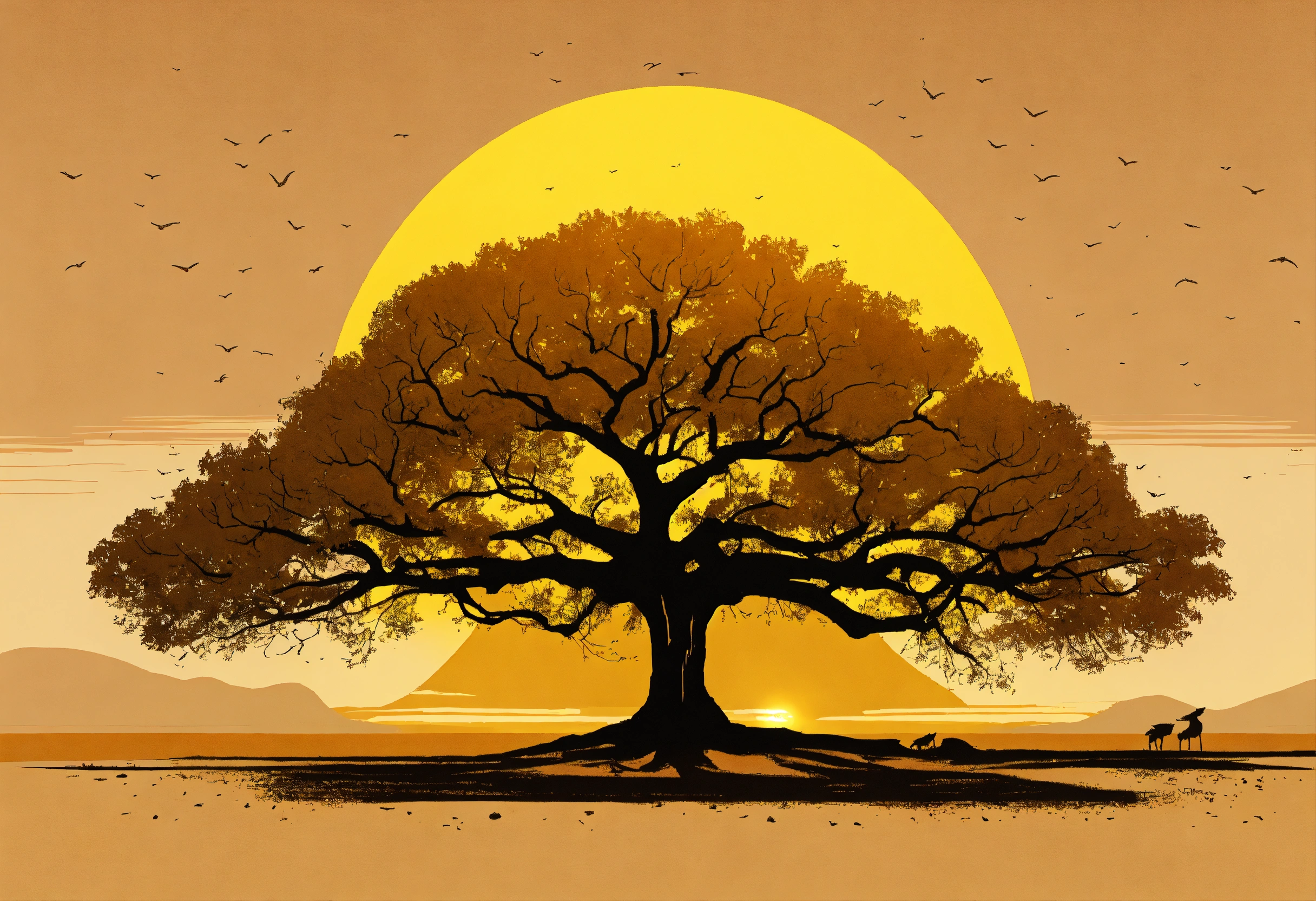 Lexica - Schematic illustration of an oak tree with a dark yellow sun ...