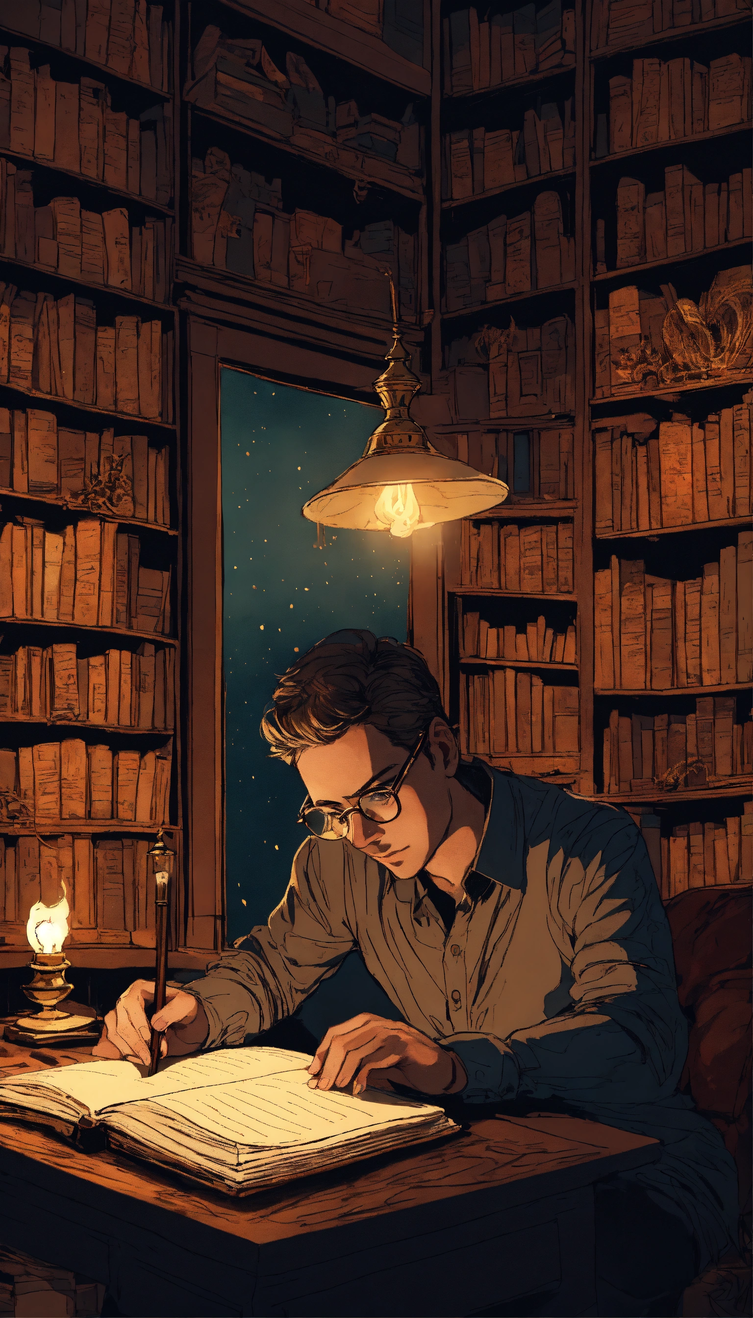 Lexica - A male writer, with depression, wearing glasses, in a dark ...