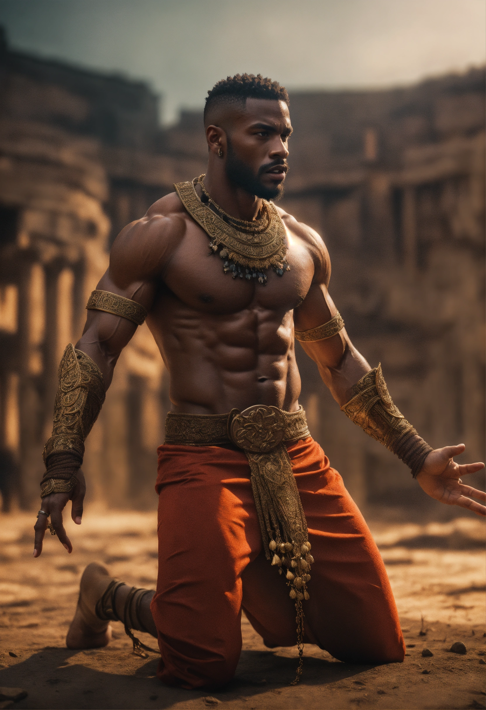 Lexica - An epic fantasy scene featuring a muscular ancient Nubian male with frighten look, fell ...