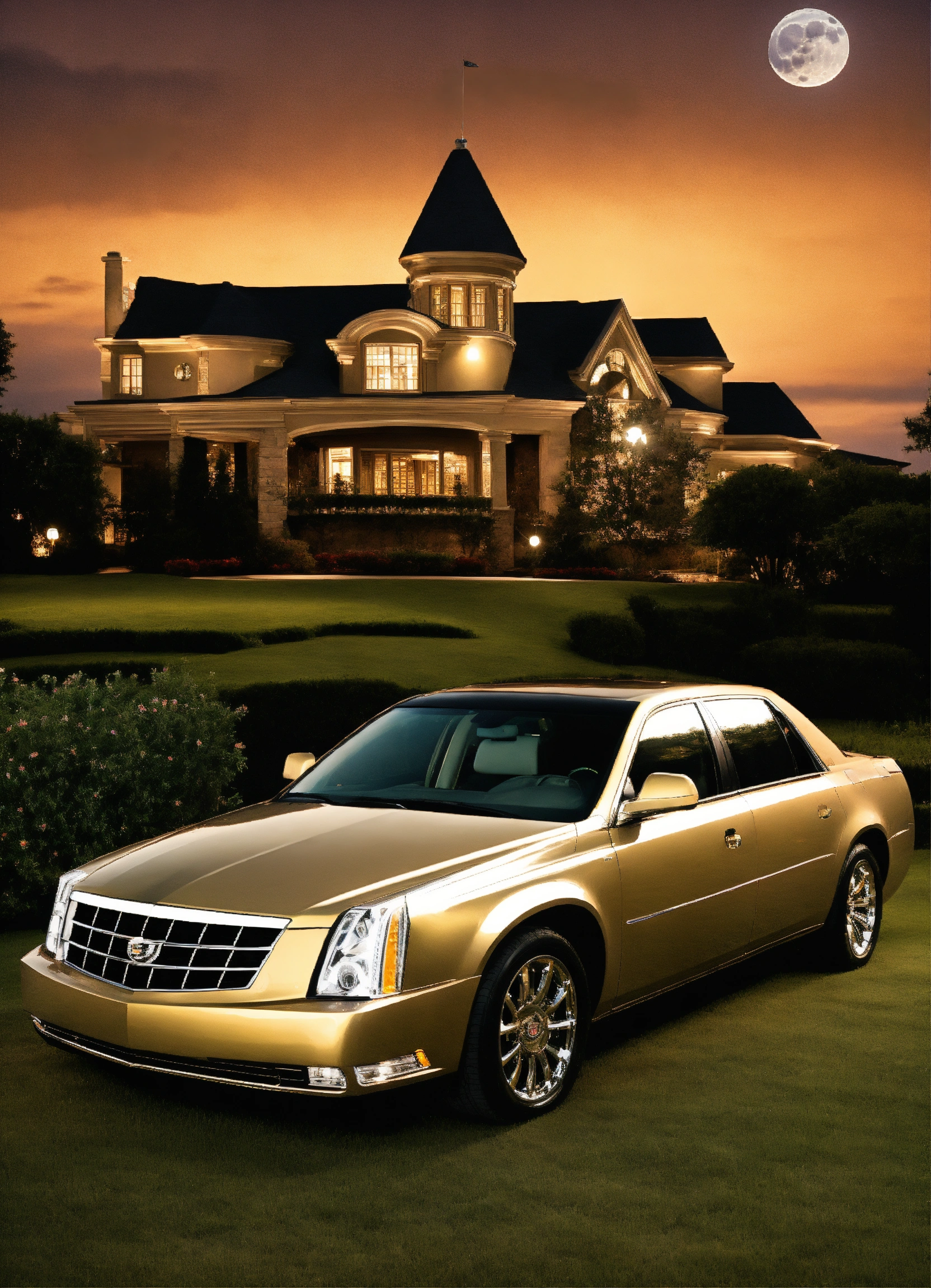 Lexica - 2008 DTS Cadillac Gold and black with mansion background and ...