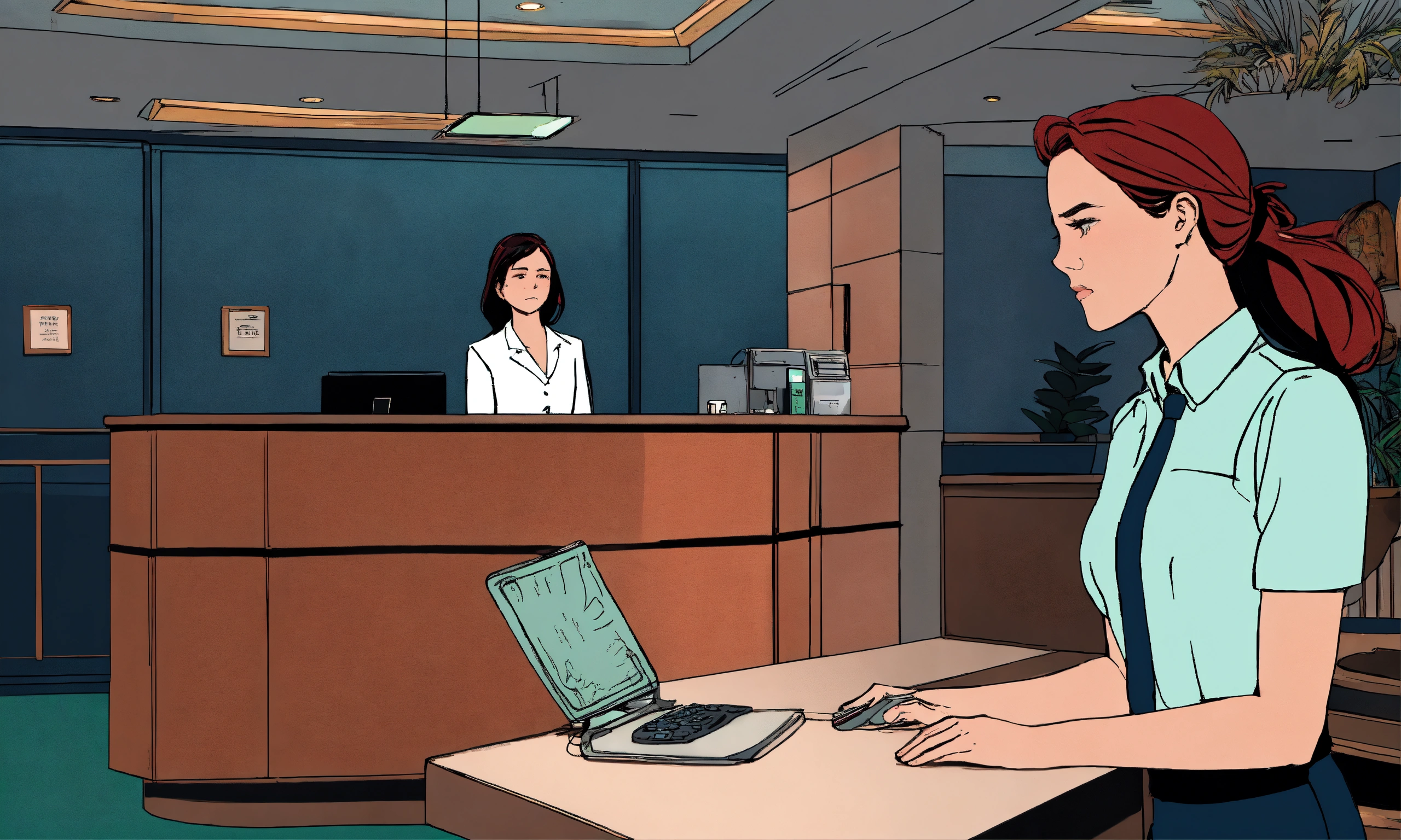 Lexica - An emotional illustration of a hotel receptionist standing ...