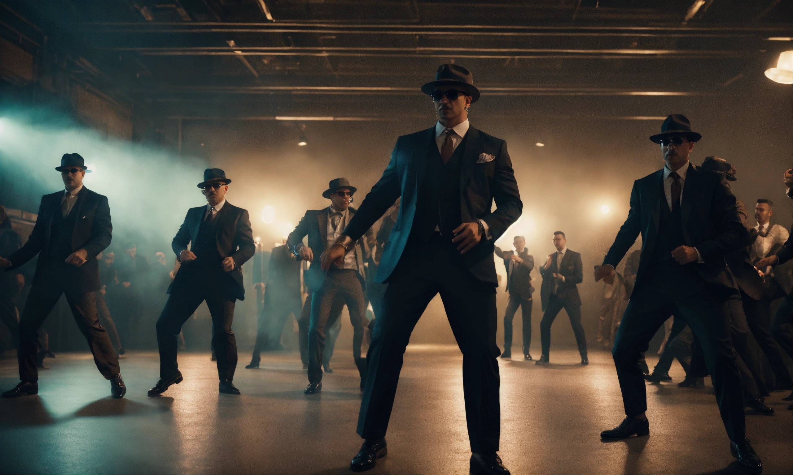 Lexica - Group of mafia gangsters dancing in fashion warehouse, smoky ...