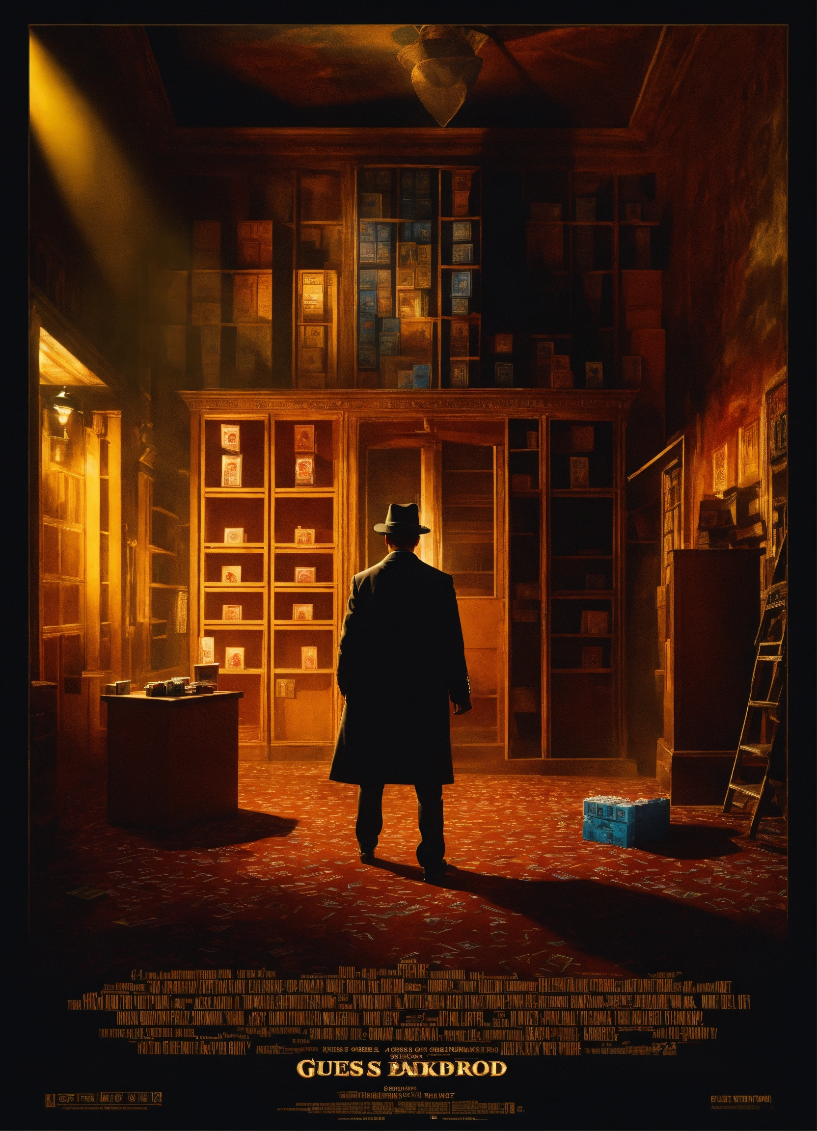 Lexica - Movie poster. Dark room with shadowy trilby-wearing figure ...