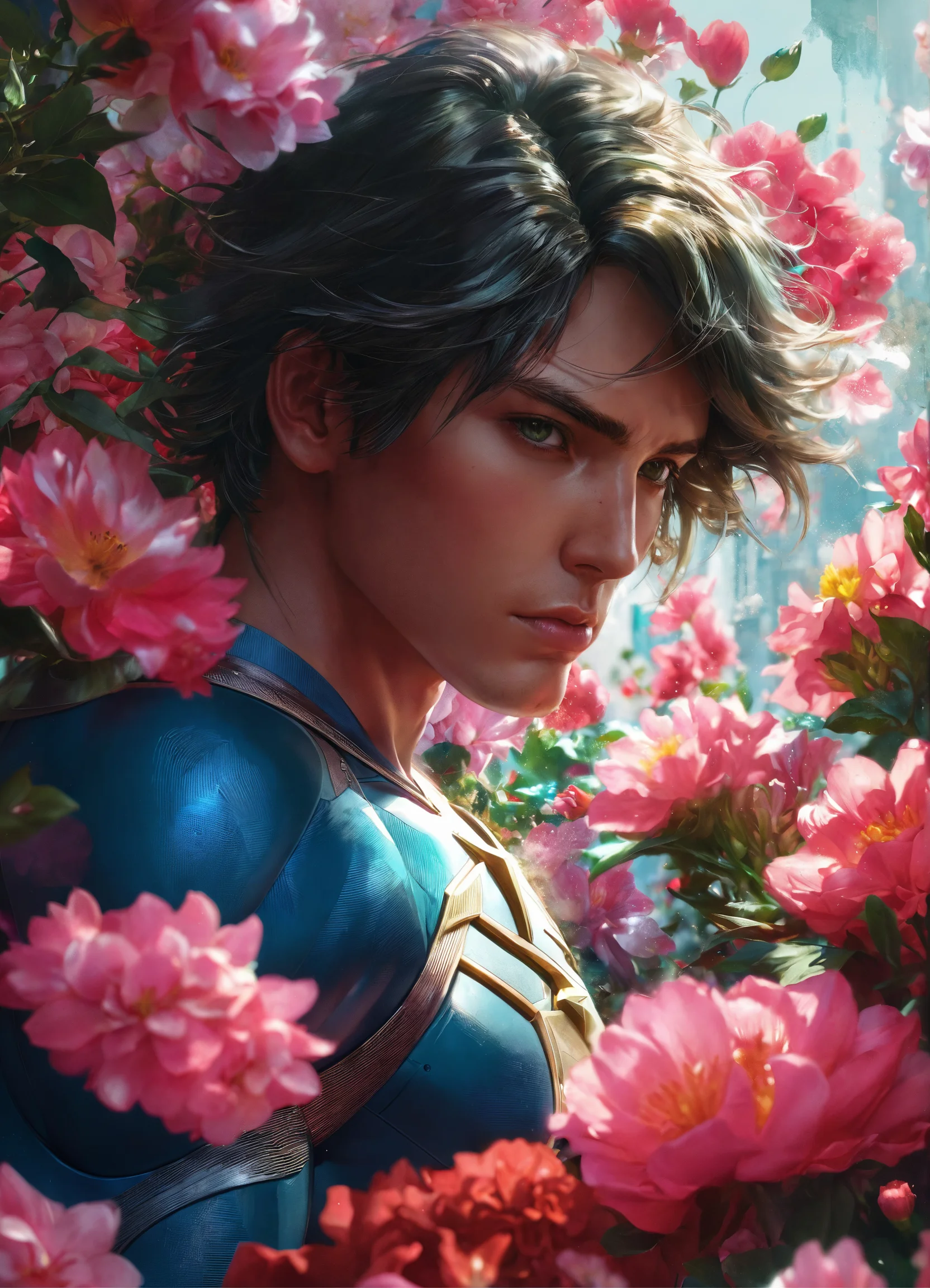 Lexica - Anime art of a superhero surrounded by flowers, 8k, stunning ...