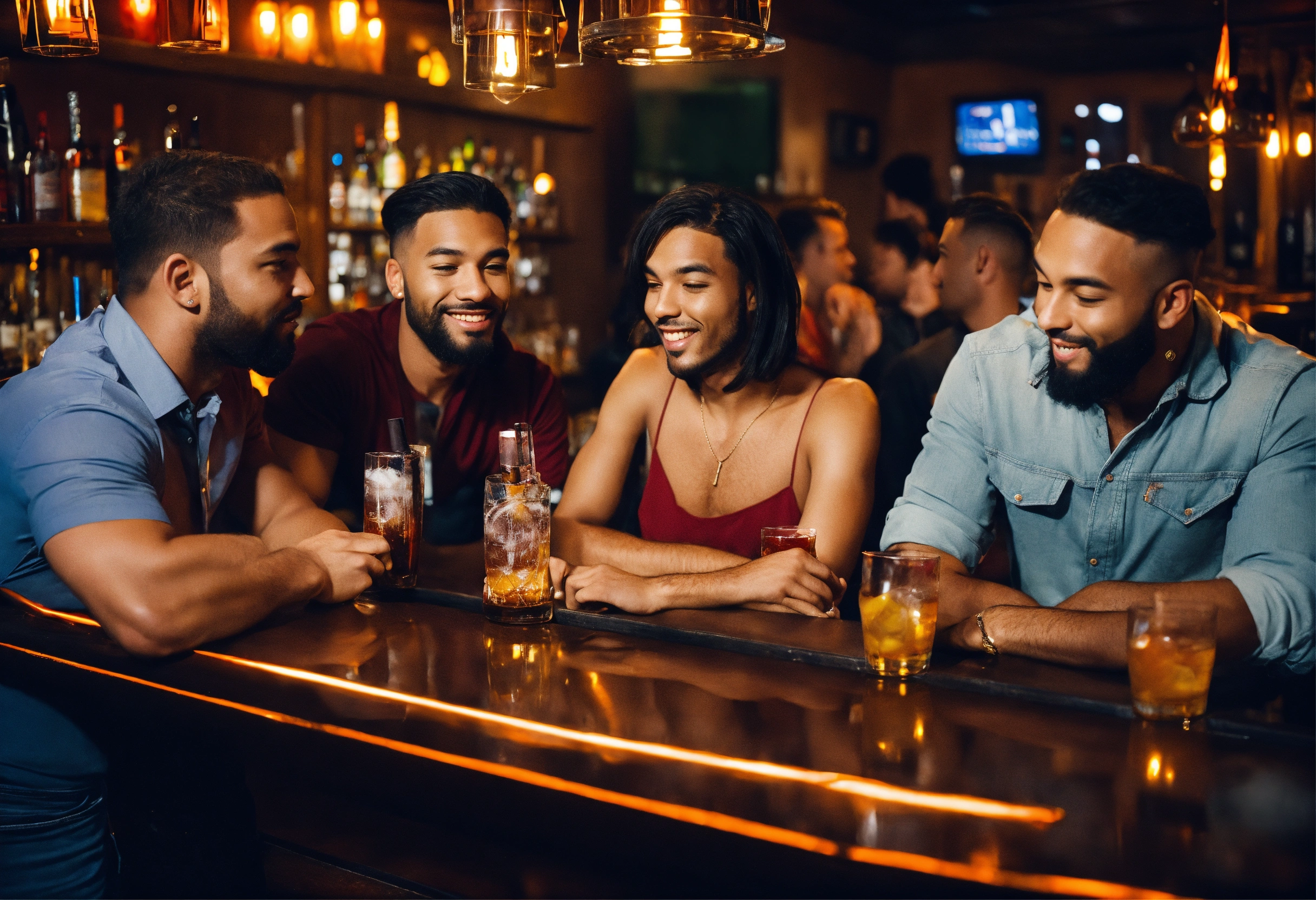 Lexica - Diverse group of men at a Bar with pretty bartender