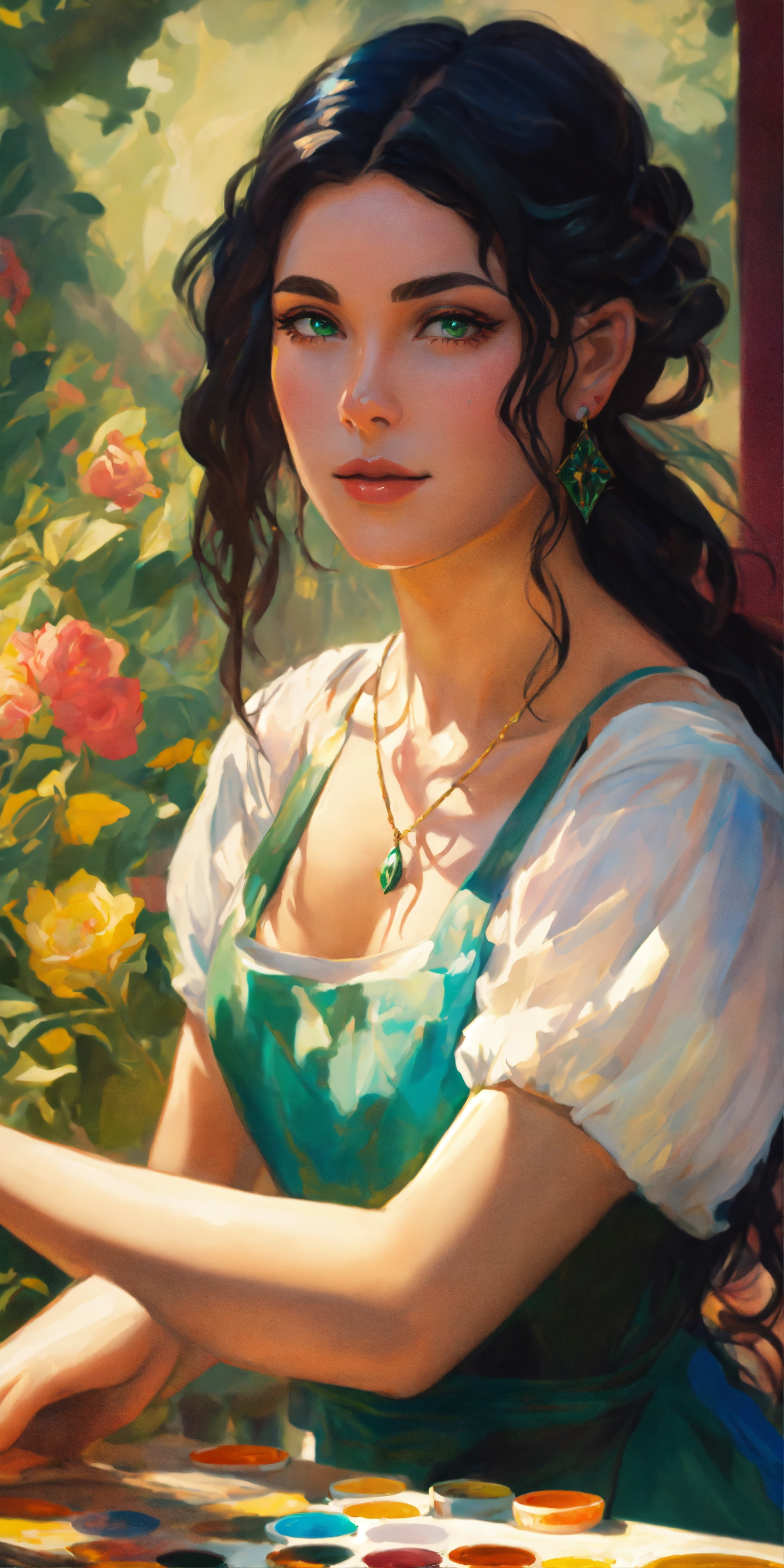 Lexica - Elara, a mid-20s artist, has emerald eyes and wavy raven-black ...