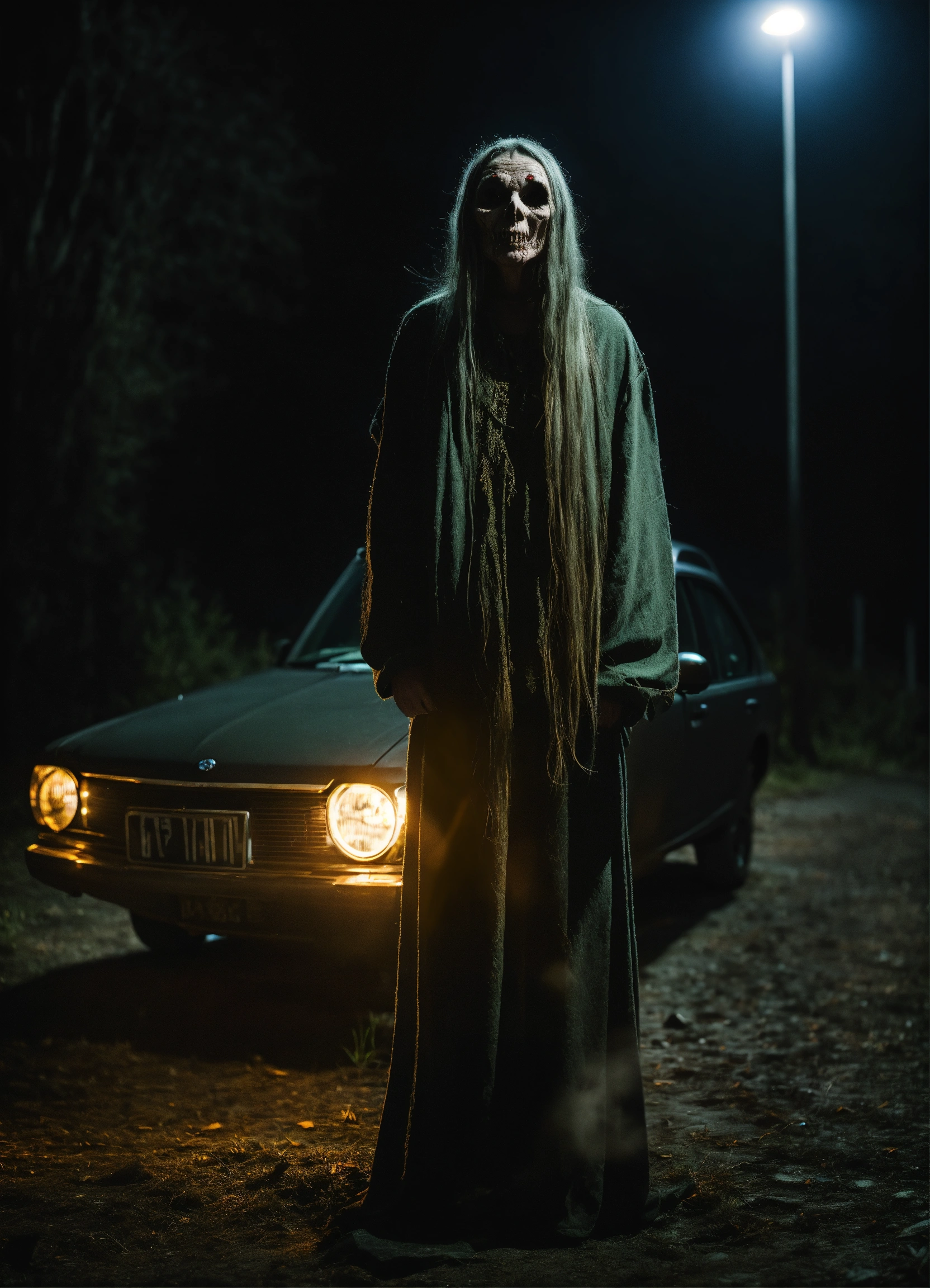 Lexica - Scary hag standing in front of car in dark night