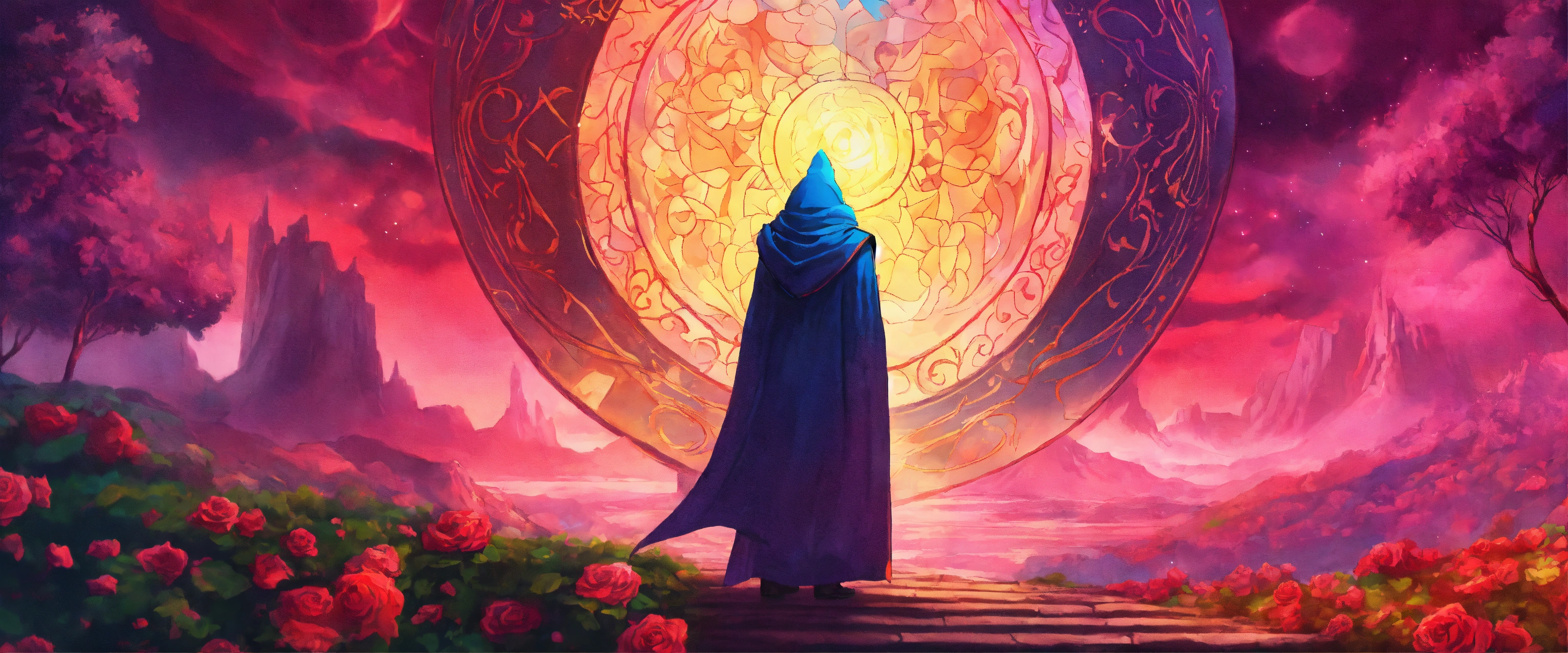 Lexica - Hooded mage is gazing over his domain, rose psychedelic ...