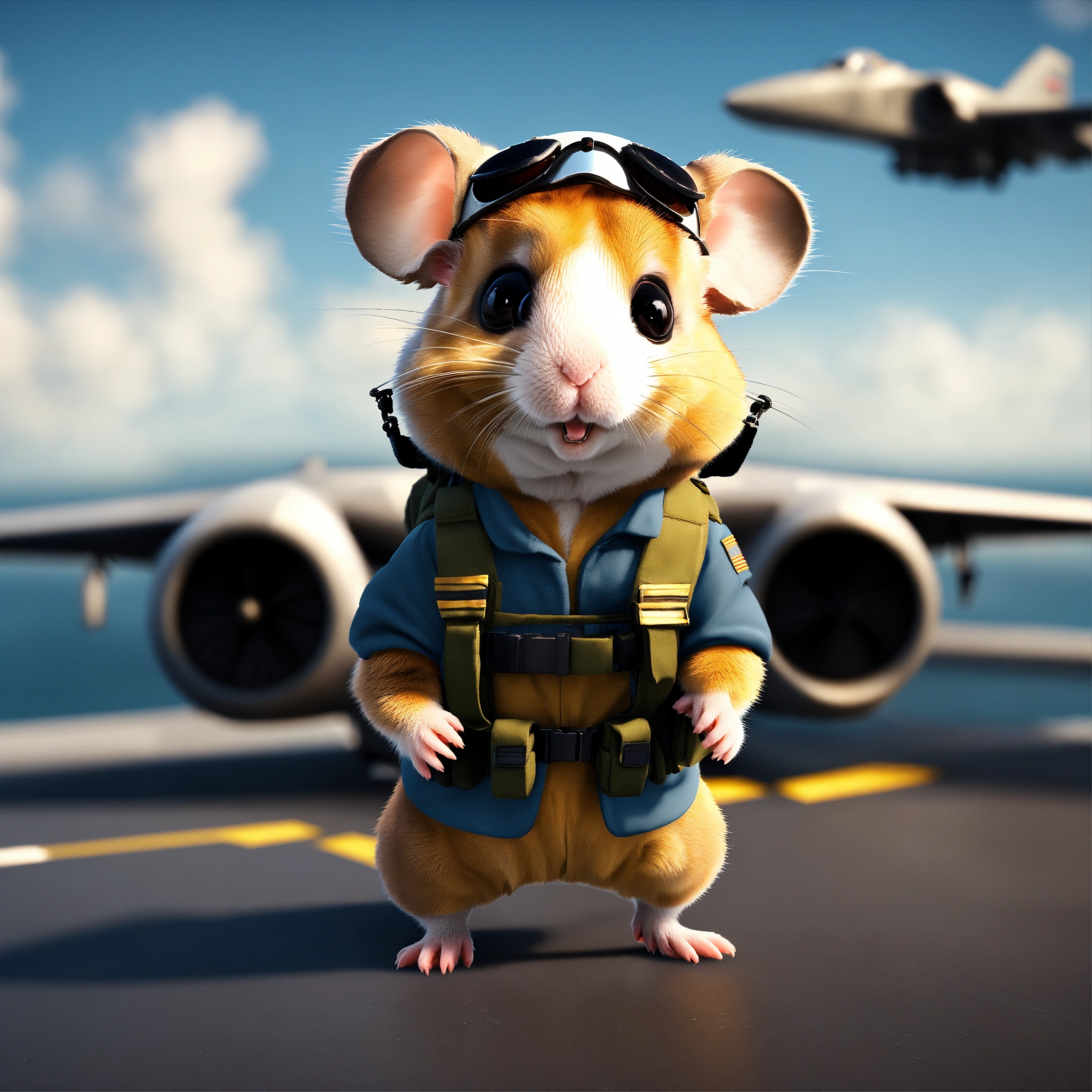Lexica - A cute fluffy hamster pilot walking on a military aircraft ...