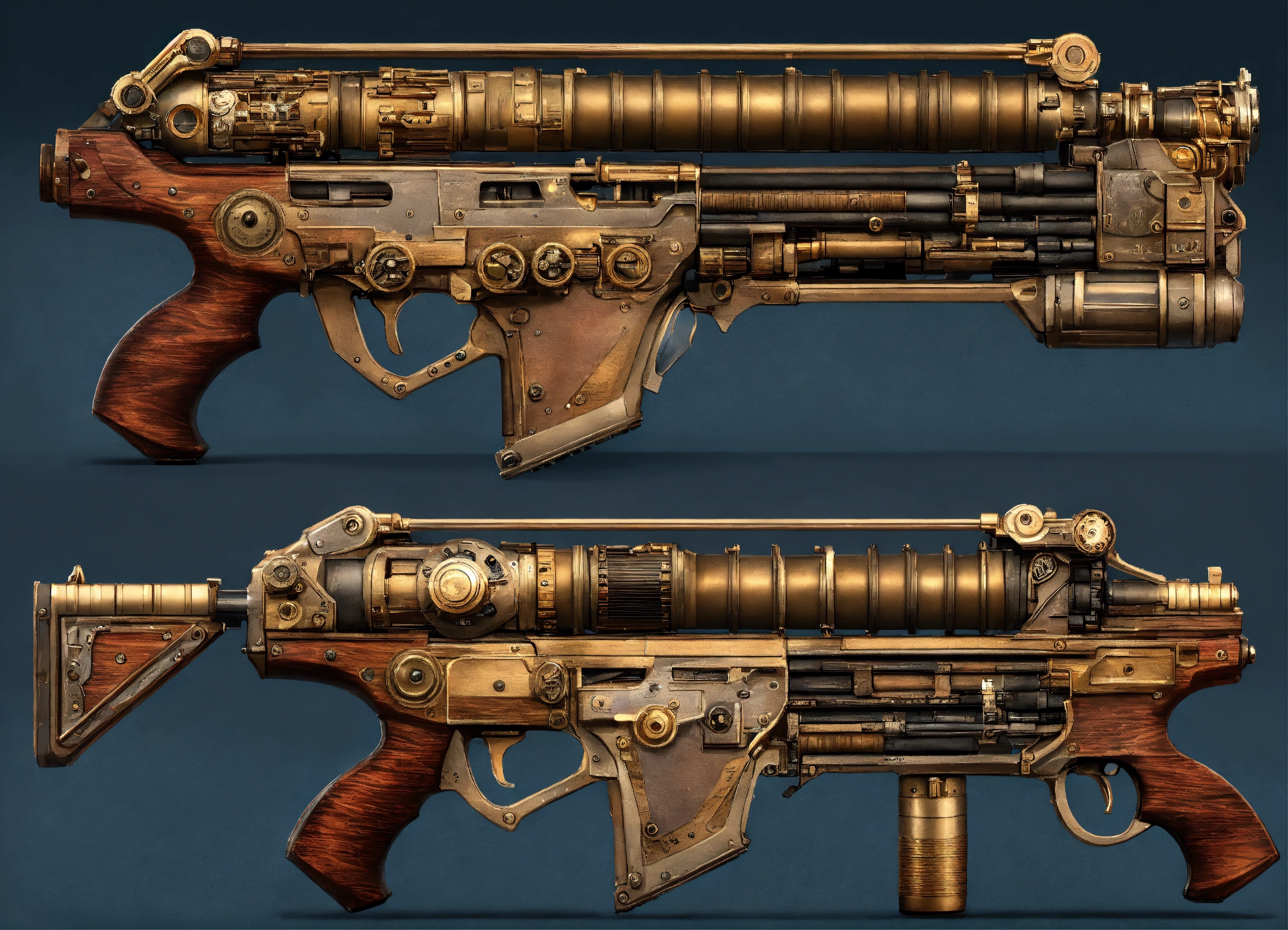 Lexica - Side view of a ultra detailed realistic steampunk assault rifle