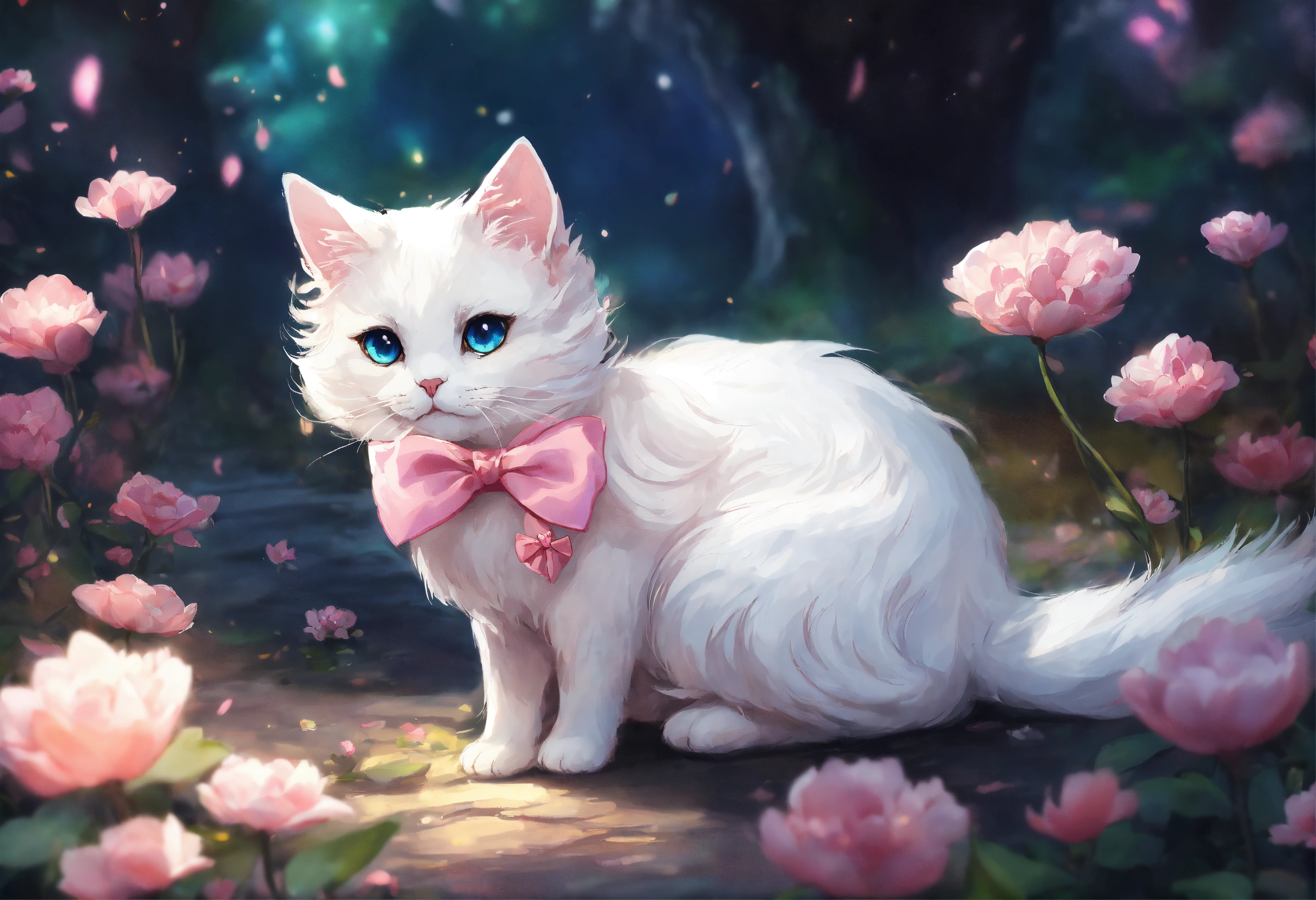 Lexica - Ethereal fantasy concept art of chibi white cat with pink bow ...