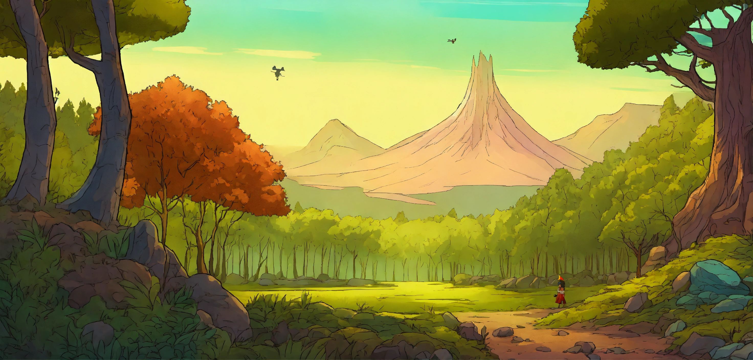 Lexica - 2d cartoon prehistoric landscape with a forest and a vulcan on ...