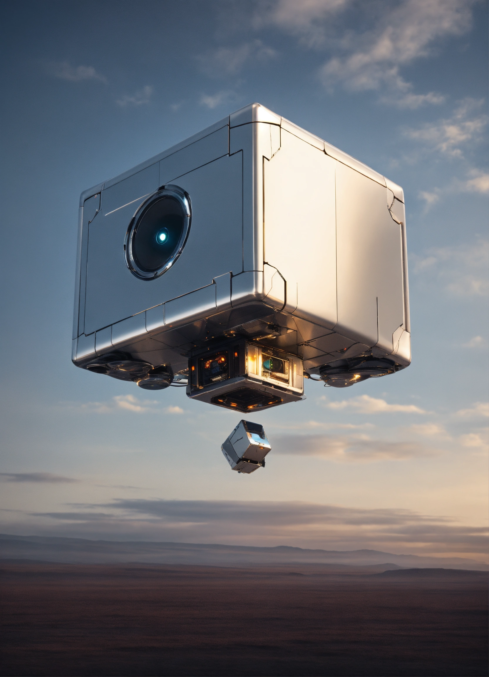 Lexica - Flying floating Robot that looks like a sleek silver cube with ...