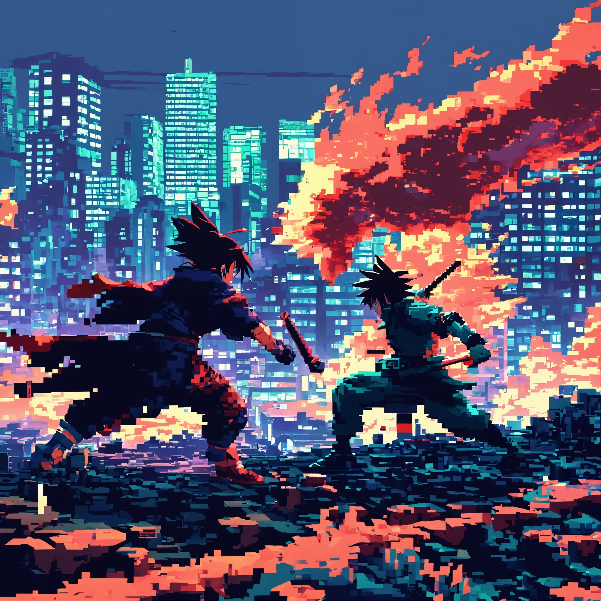 Lexica - Gojo and skuna fighting and destroyed a city animation pixel