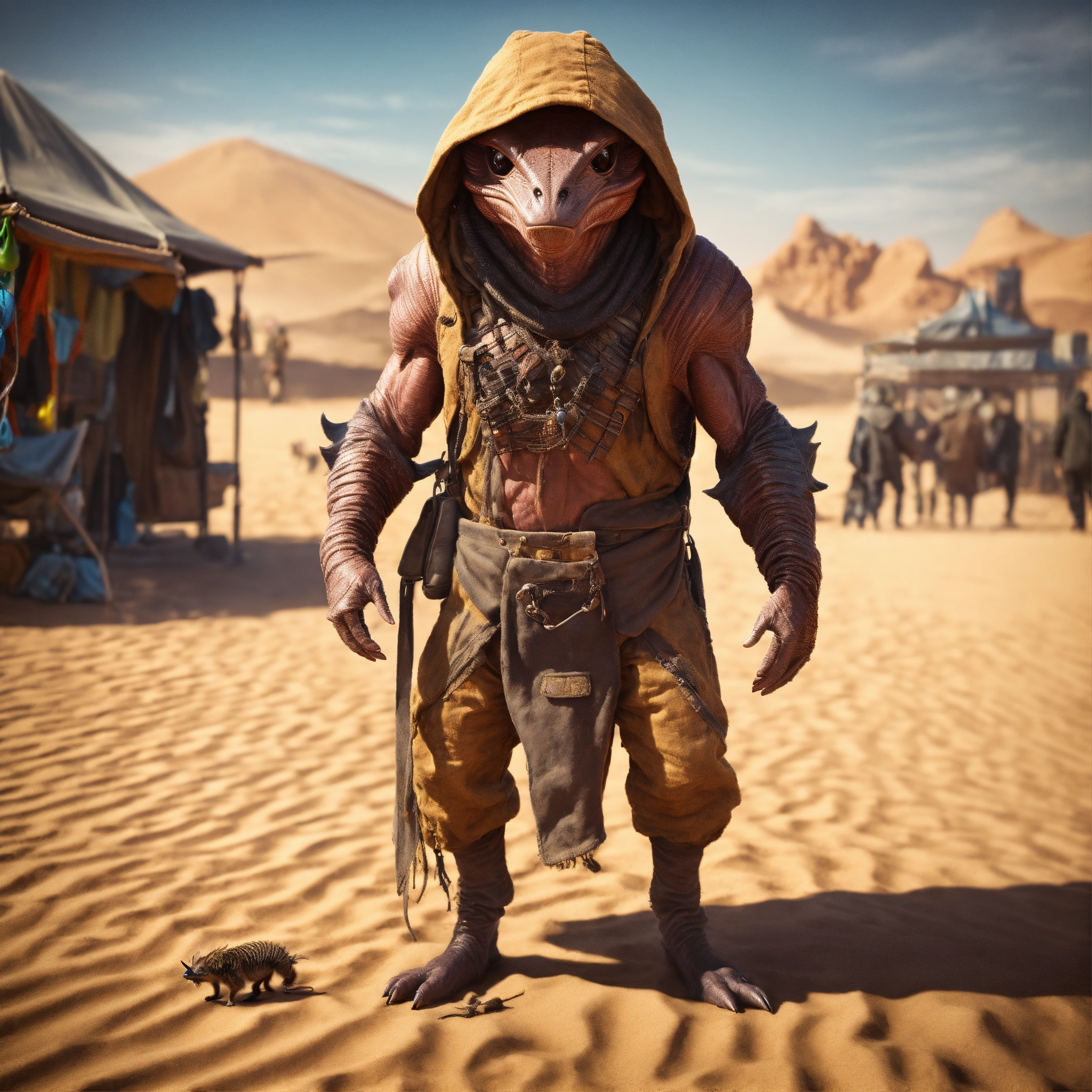 Lexica - Muscular and bulky alien creature merchant on a desert un the ...