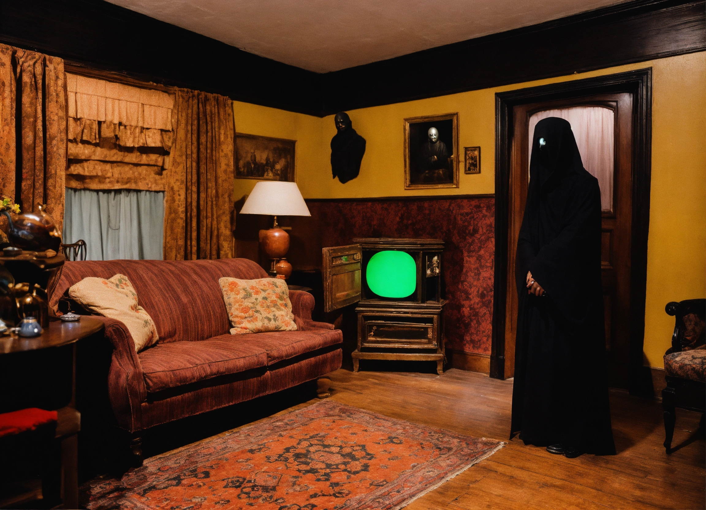 Lexica - 1970s england small haunted house with black monk ghost in ...