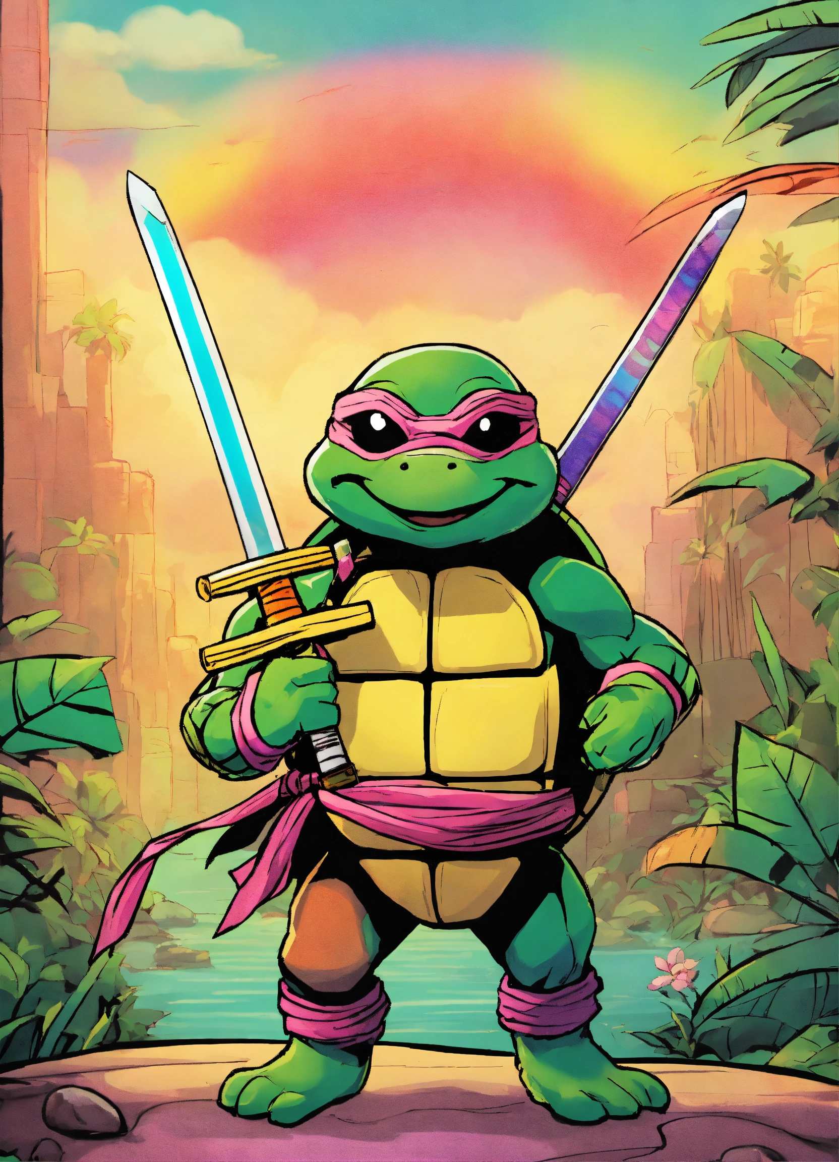 Lexica - A smiley ninja turtle with two katana in the hand and a pastel ...