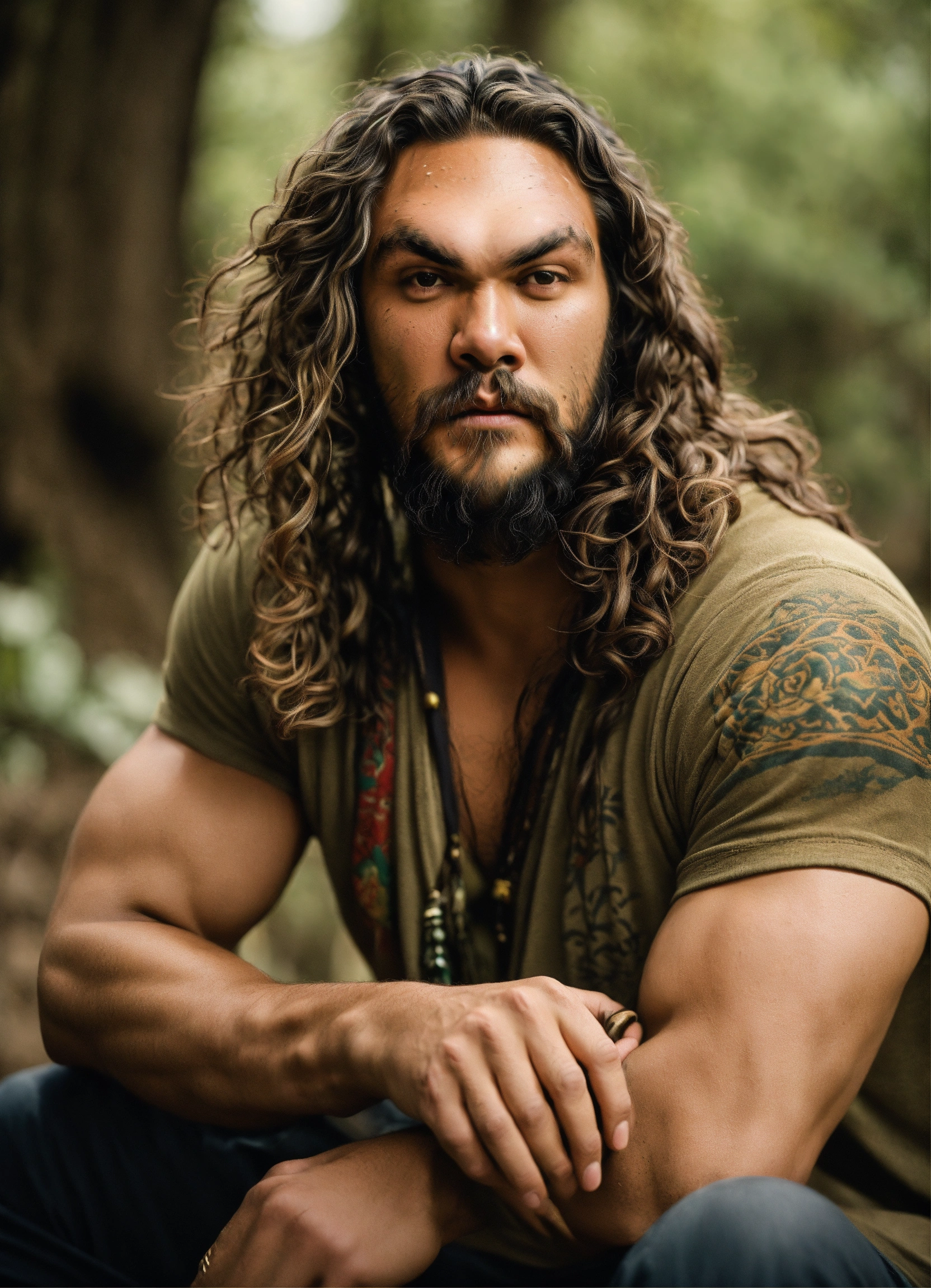 Lexica - A man looks like Jason Momoa. Also looks like a vegan hippie
