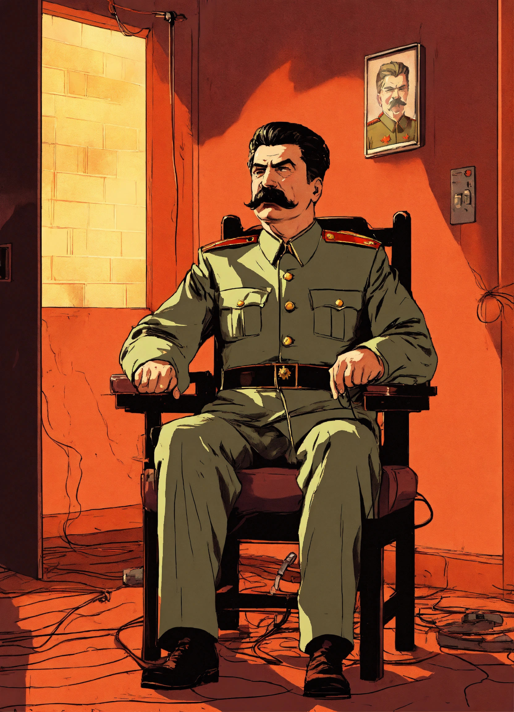Lexica - Illustration Stalin very scared in the electric chair