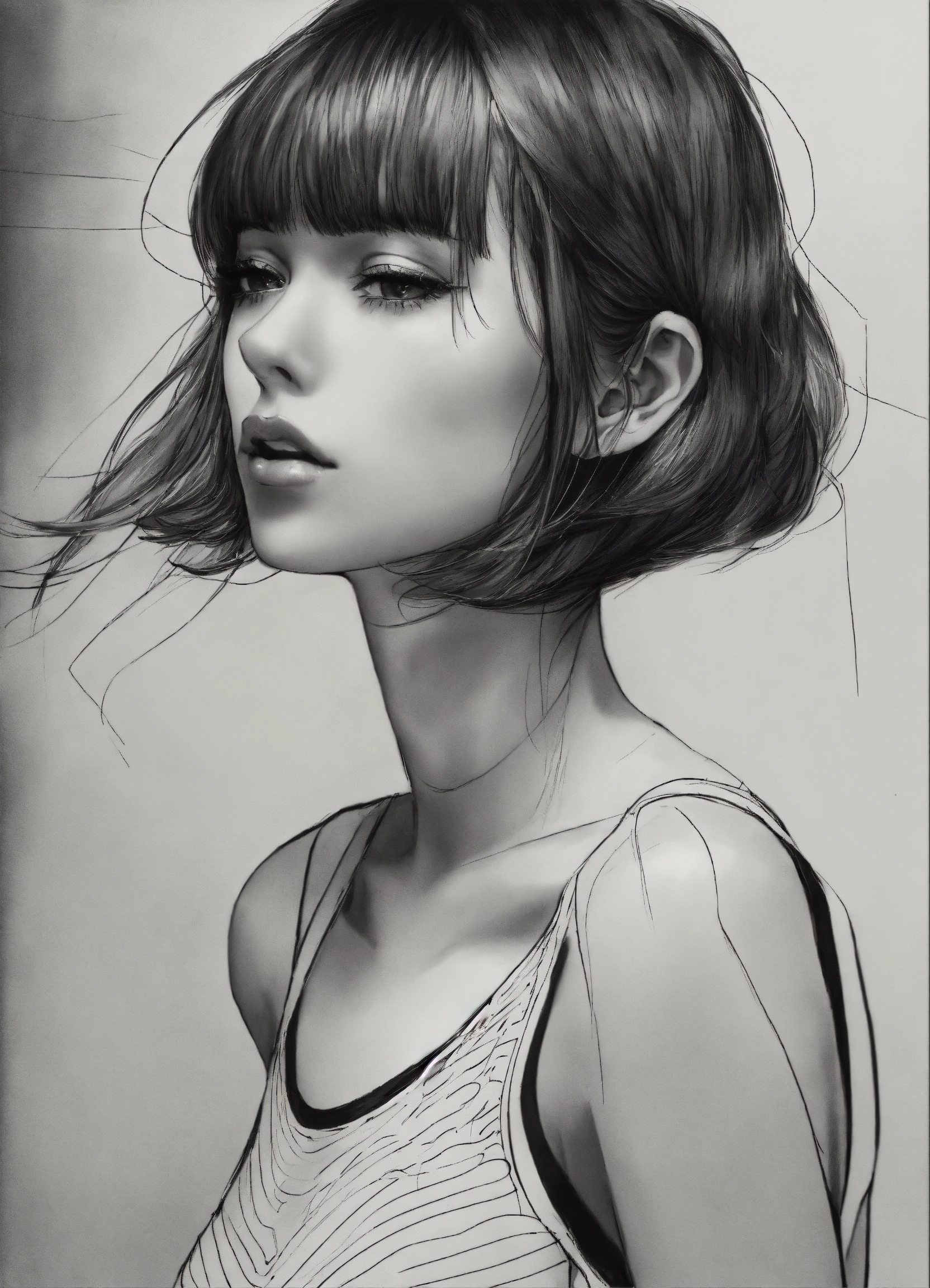 Lexica - Black and white line drawing, skinny girl, bob with bangs ...