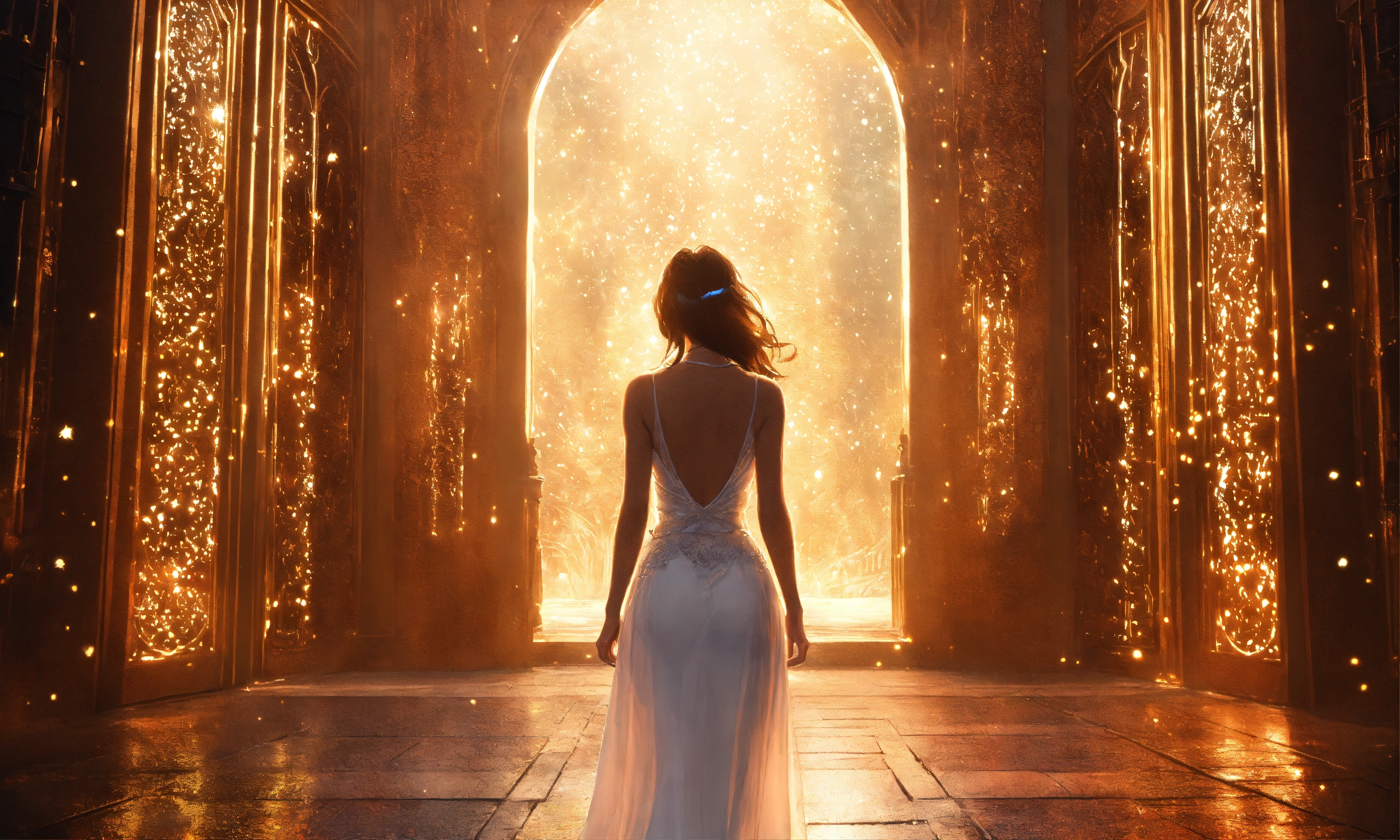 Lexica - Create an image of a woman from behind. five portals gates and ...