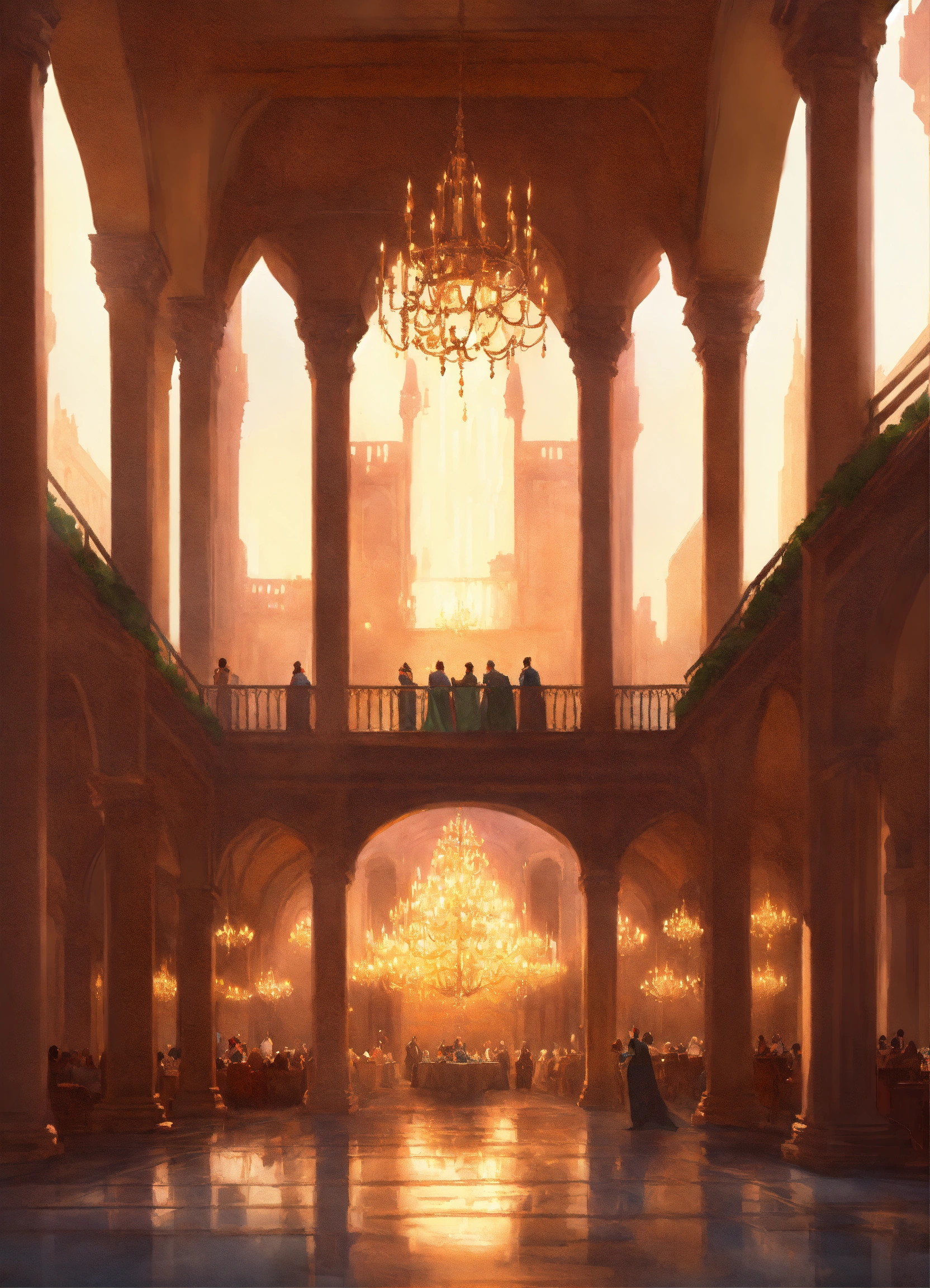 Lexica - Epic view, wide angle, fantasy, dusk, stone castle, balcony ...