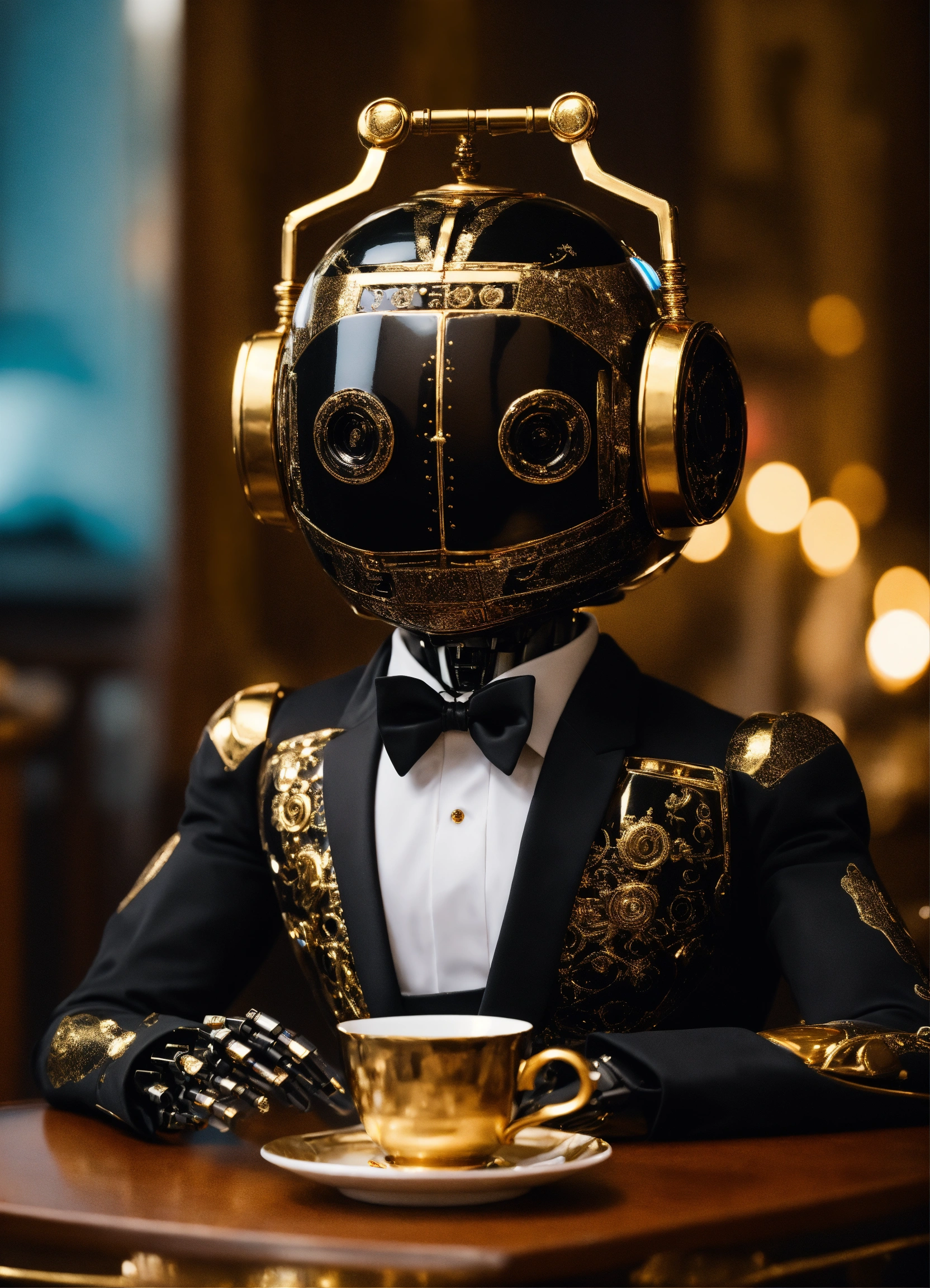 Lexica - Sophisticated looking robot in a fancy black suit with subtle ...