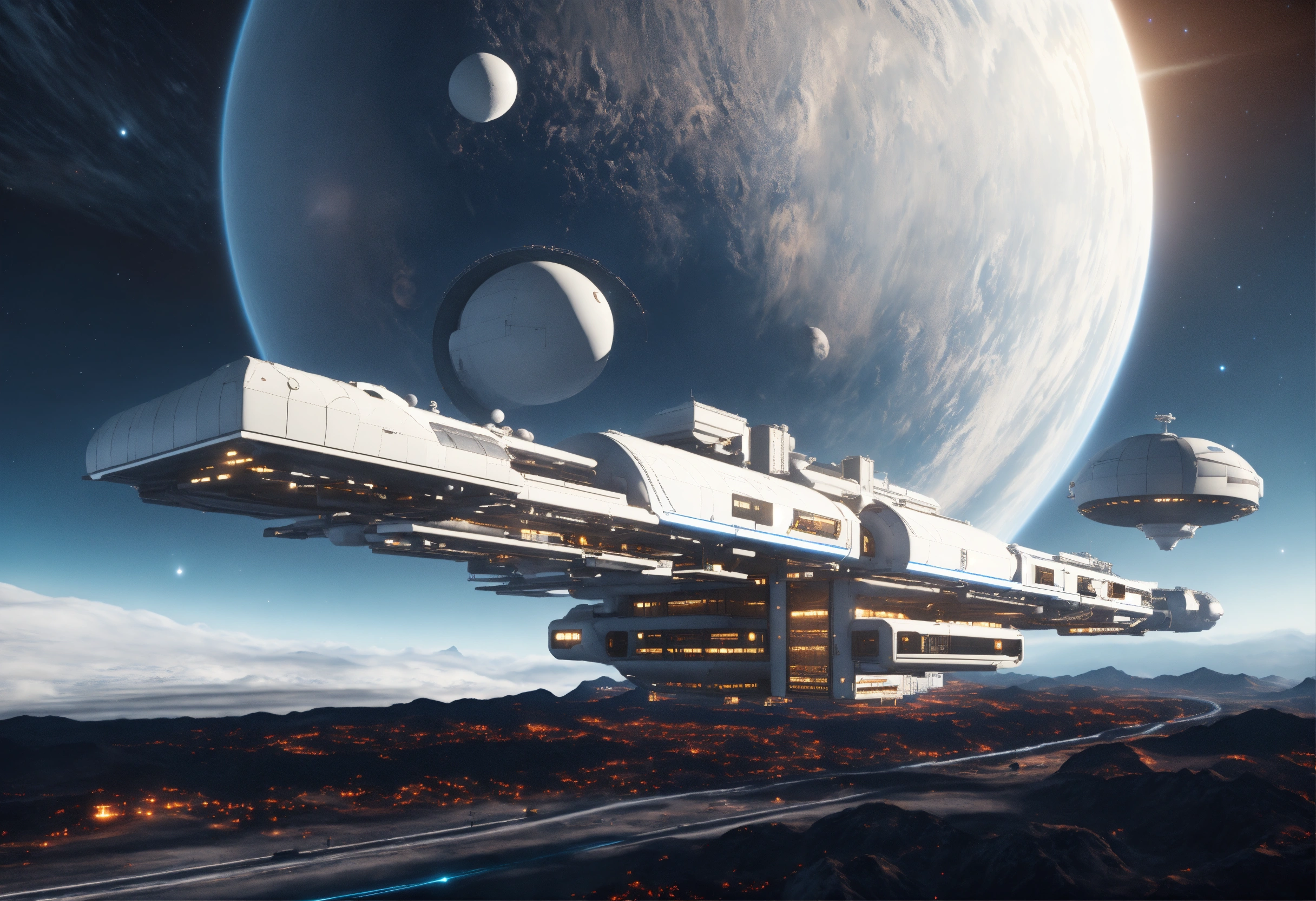 Lexica - Zoom out on a huge modern style white commercial space station ...