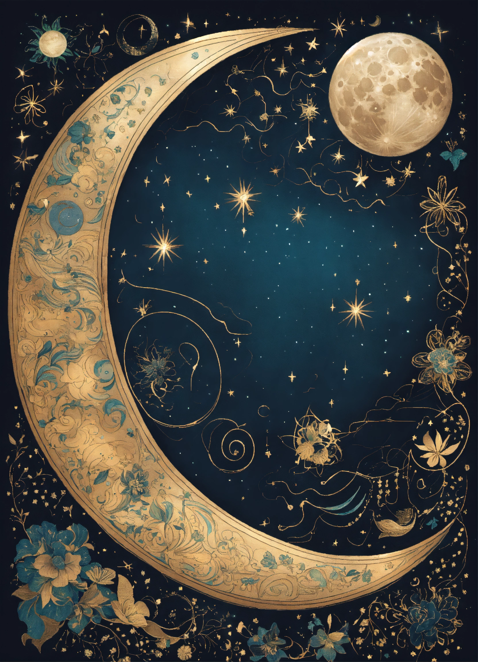Lexica - Line art whimsical moon with glimmering illustrations and ...