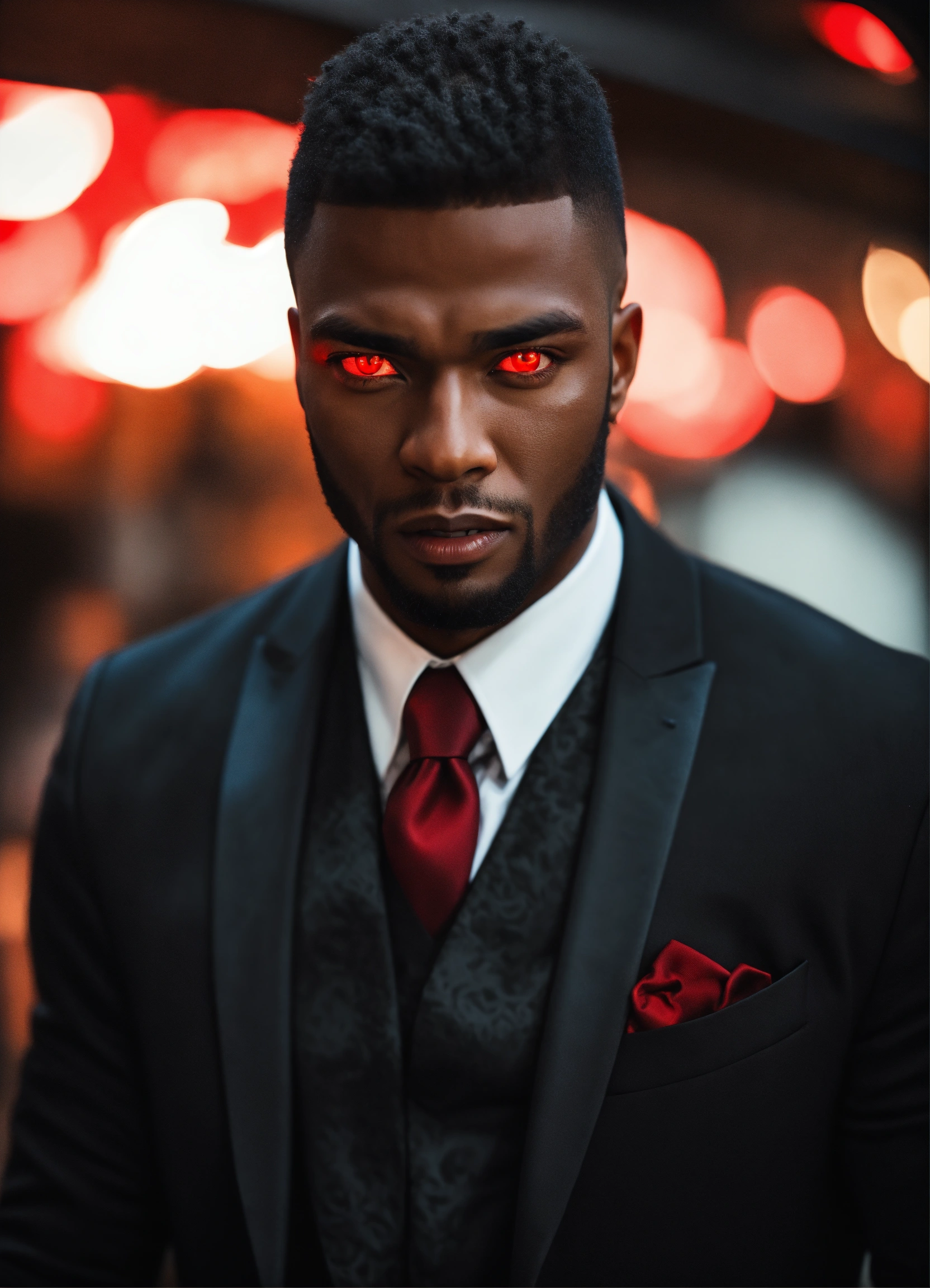 Lexica - Handsome black man, vampire with red eyes, black suit