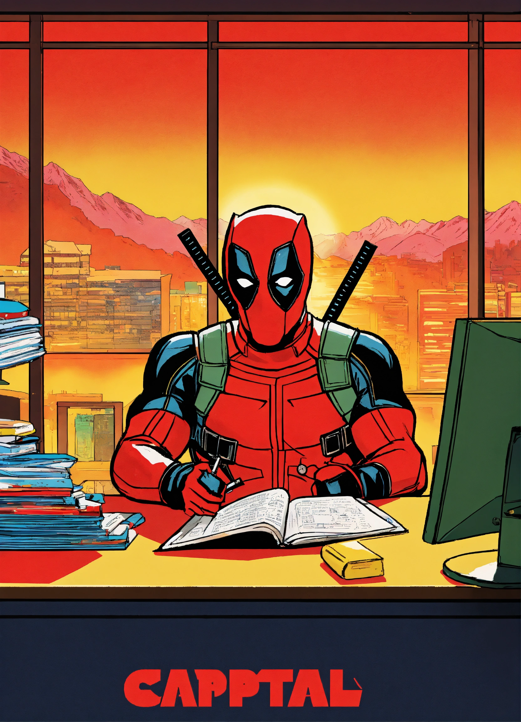 Lexica - The picture is entitled "CAPITAL". Deadpool is reading a red ...