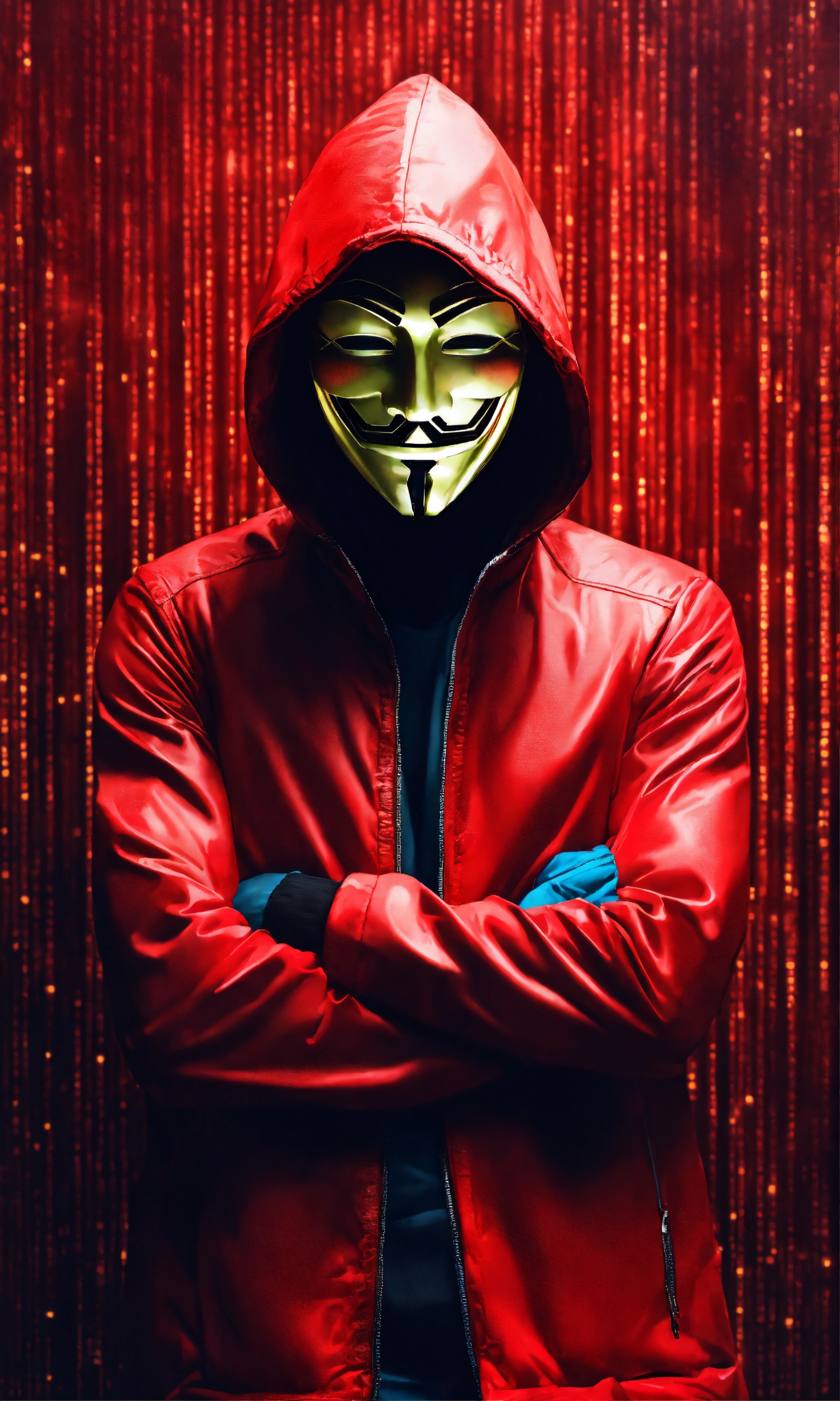 Lexica - Anonymous hacker in red jacket with hidden face with arms crossed