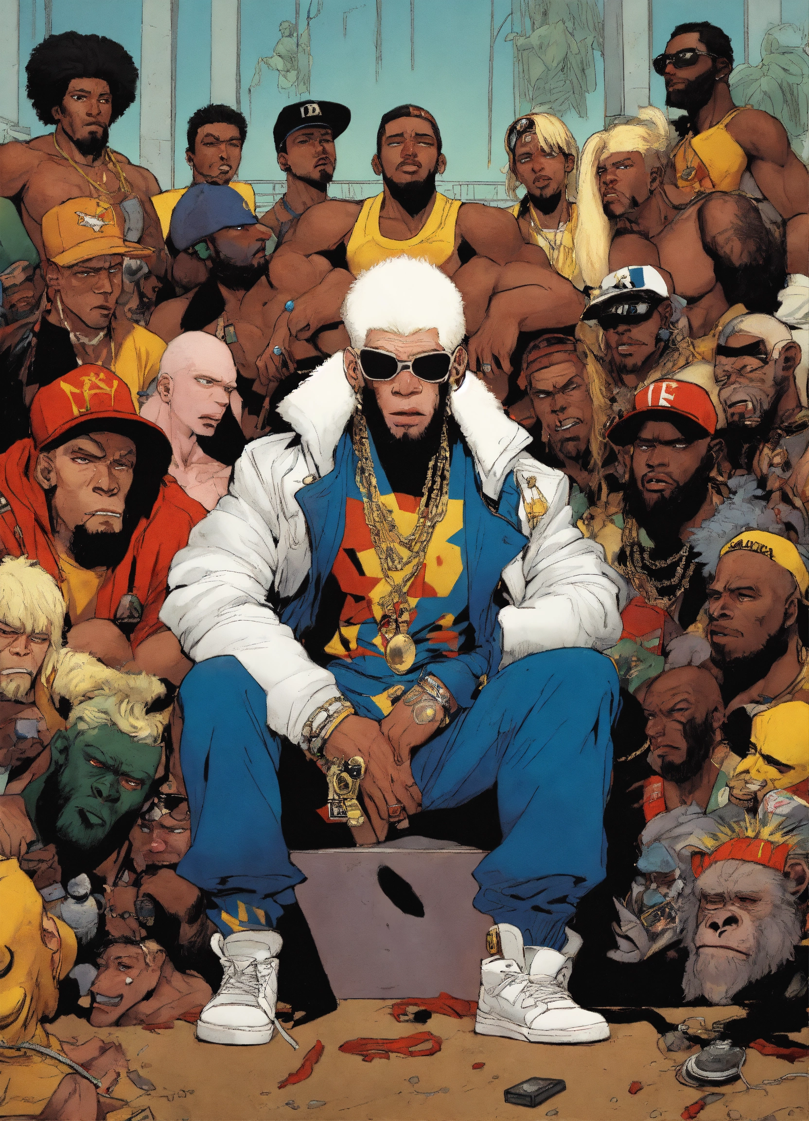 Lexica - An incredibly powerful looking albino ape rapper sitting on a ...
