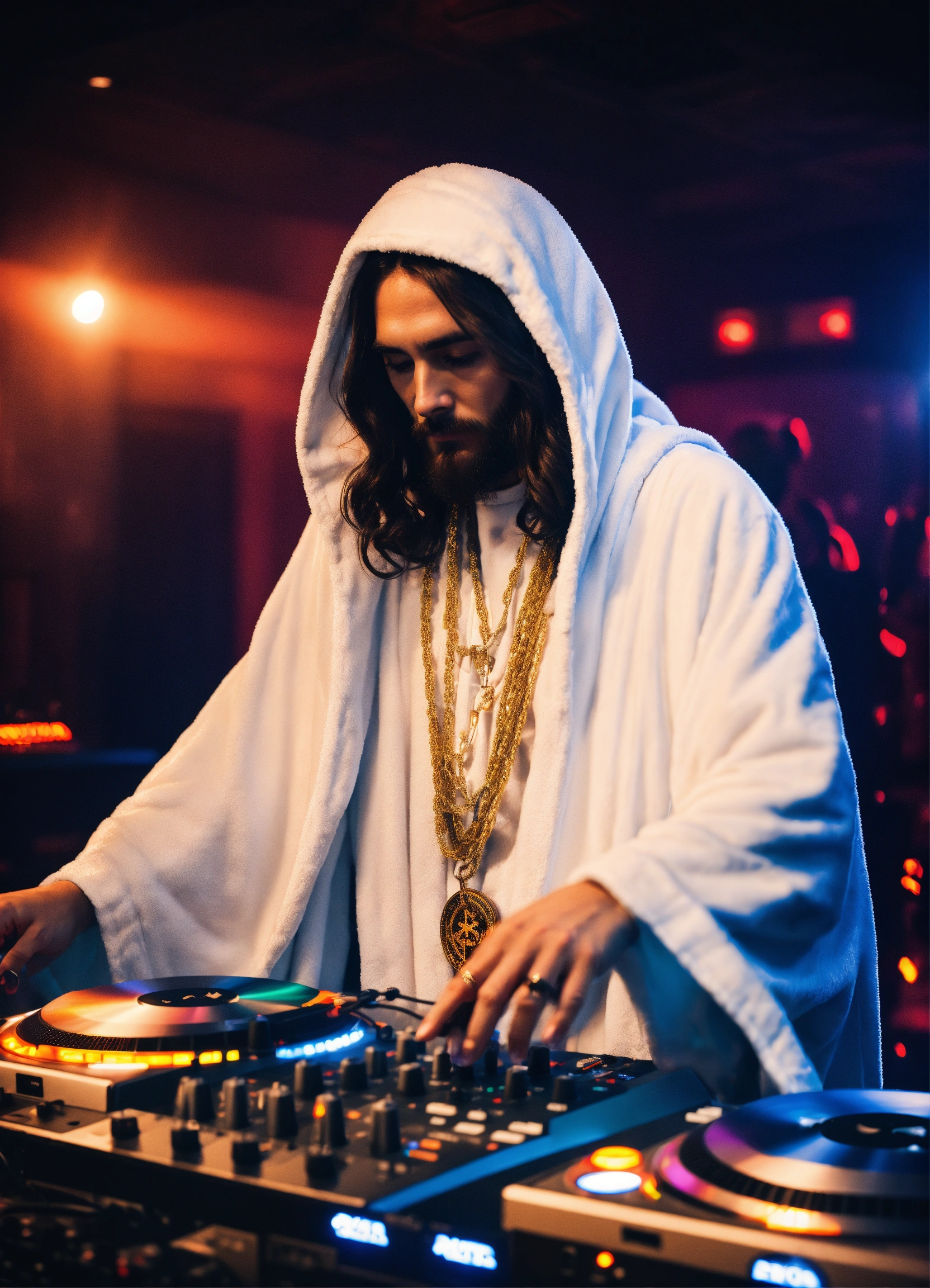 Lexica - Jesus christ with white robe celebrating Halloween in a club ...
