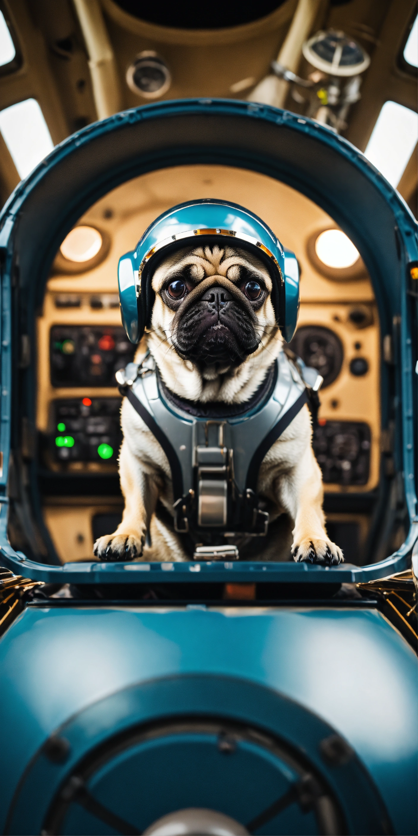 Lexica - Pug dog wearing a spacen helmet sitting in the cockpit of a ...