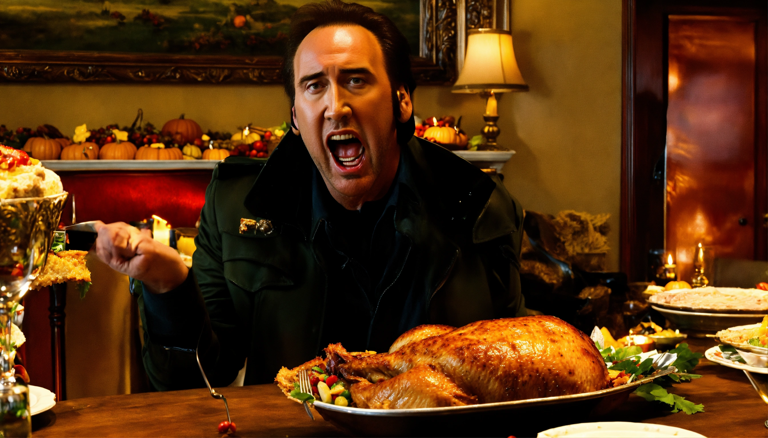 Lexica - Nick cage screaming over turkey at thanksgiving