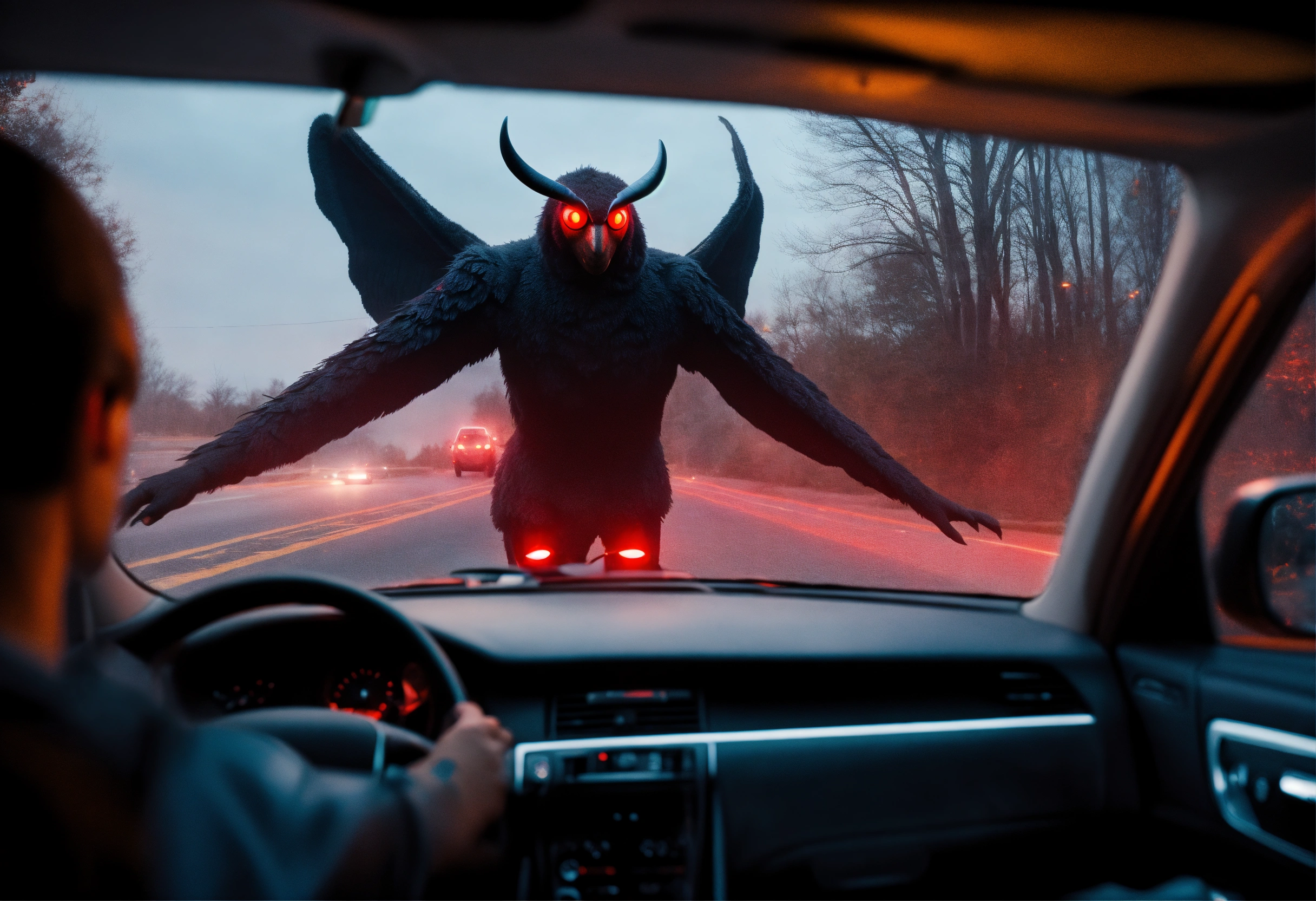 Lexica - Photorealistic, looking out of front windshield of car to see ...