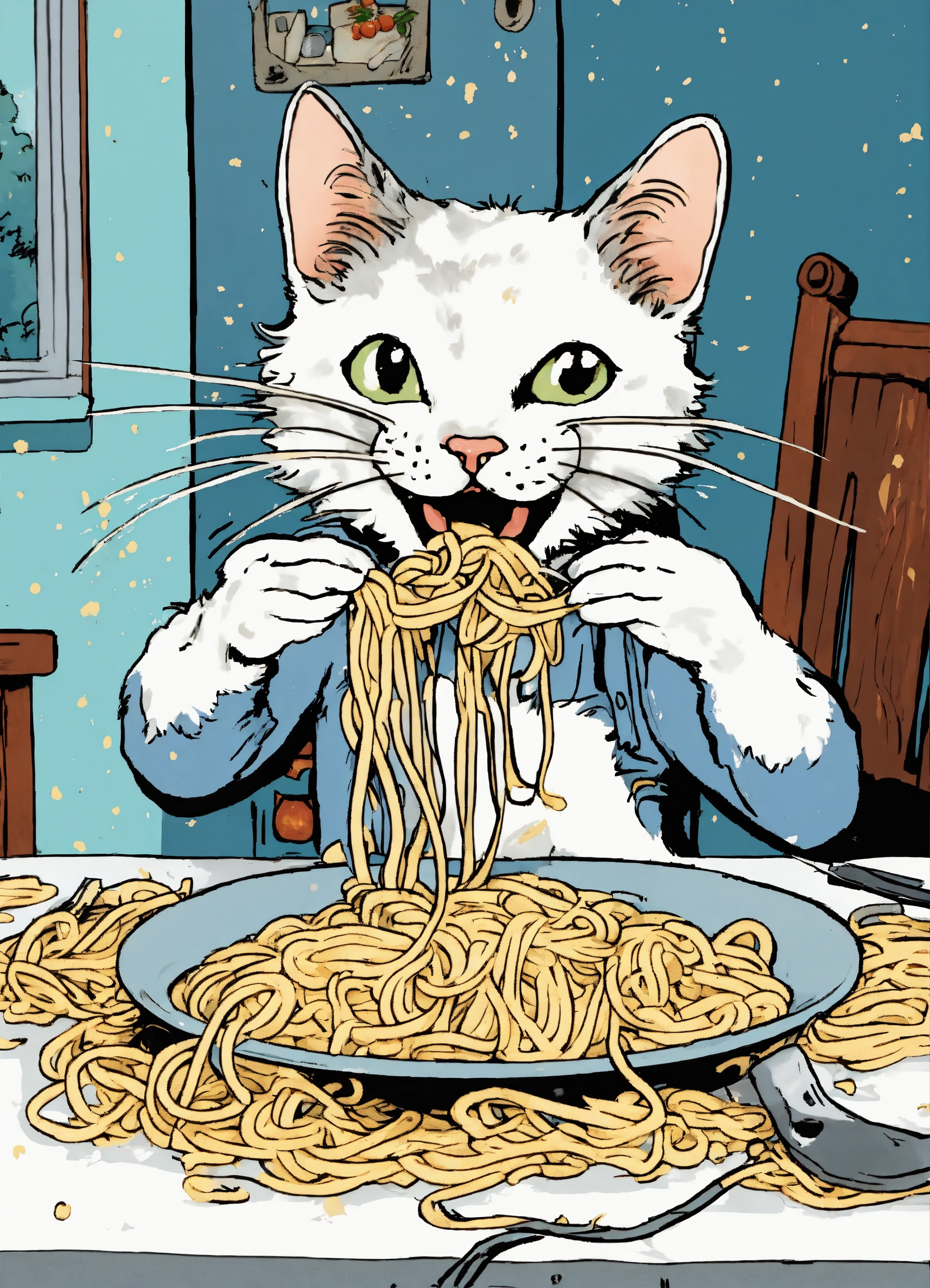 Lexica - A cute white with GREY spots cat eating messy spaghetti ...